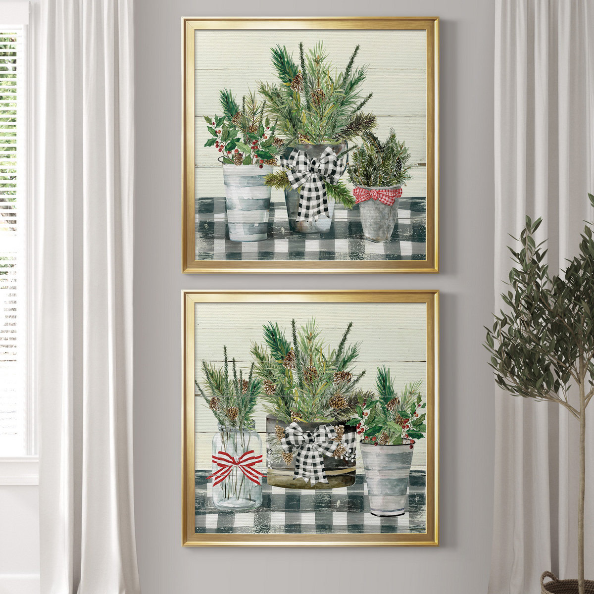 The Holiday Aisle® Christmas Gingham I - 2 Piece Wrapped Canvas ...
