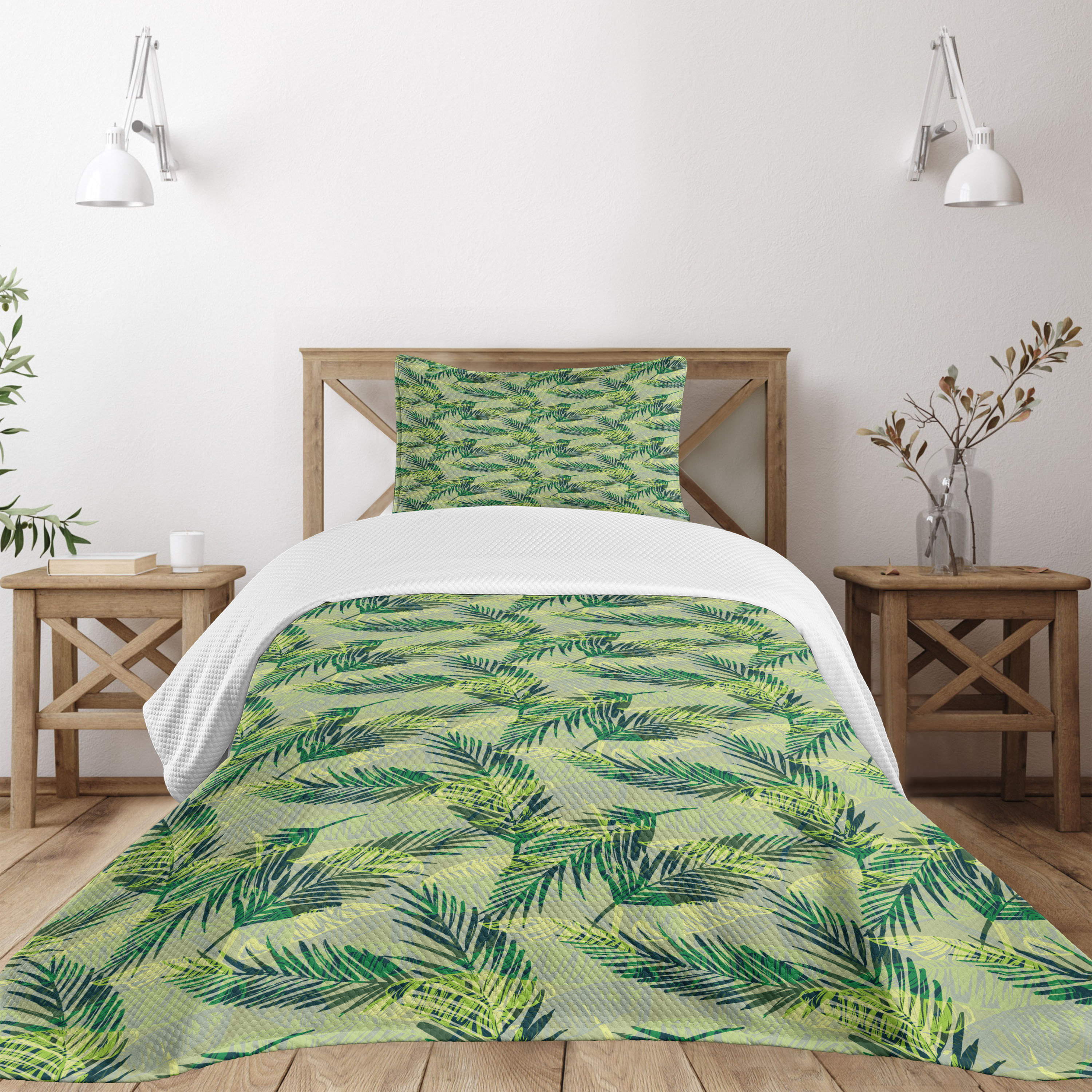 Ambesonne Palm Leaf Bedspread Set Rainforest Foliage Green Apple Green ...