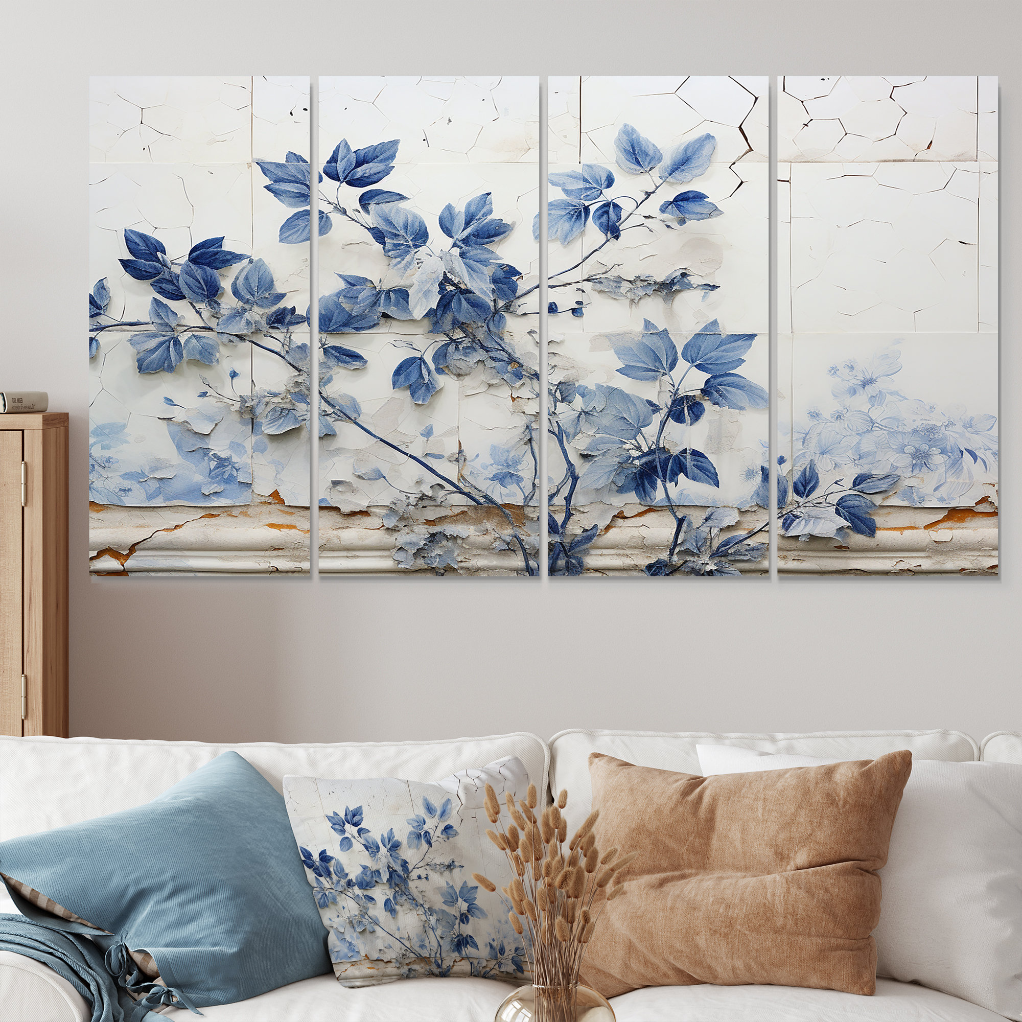 Design Art Vintage Blue Flower On White Wall - Lotus Wall Art Canvas 4 ...
