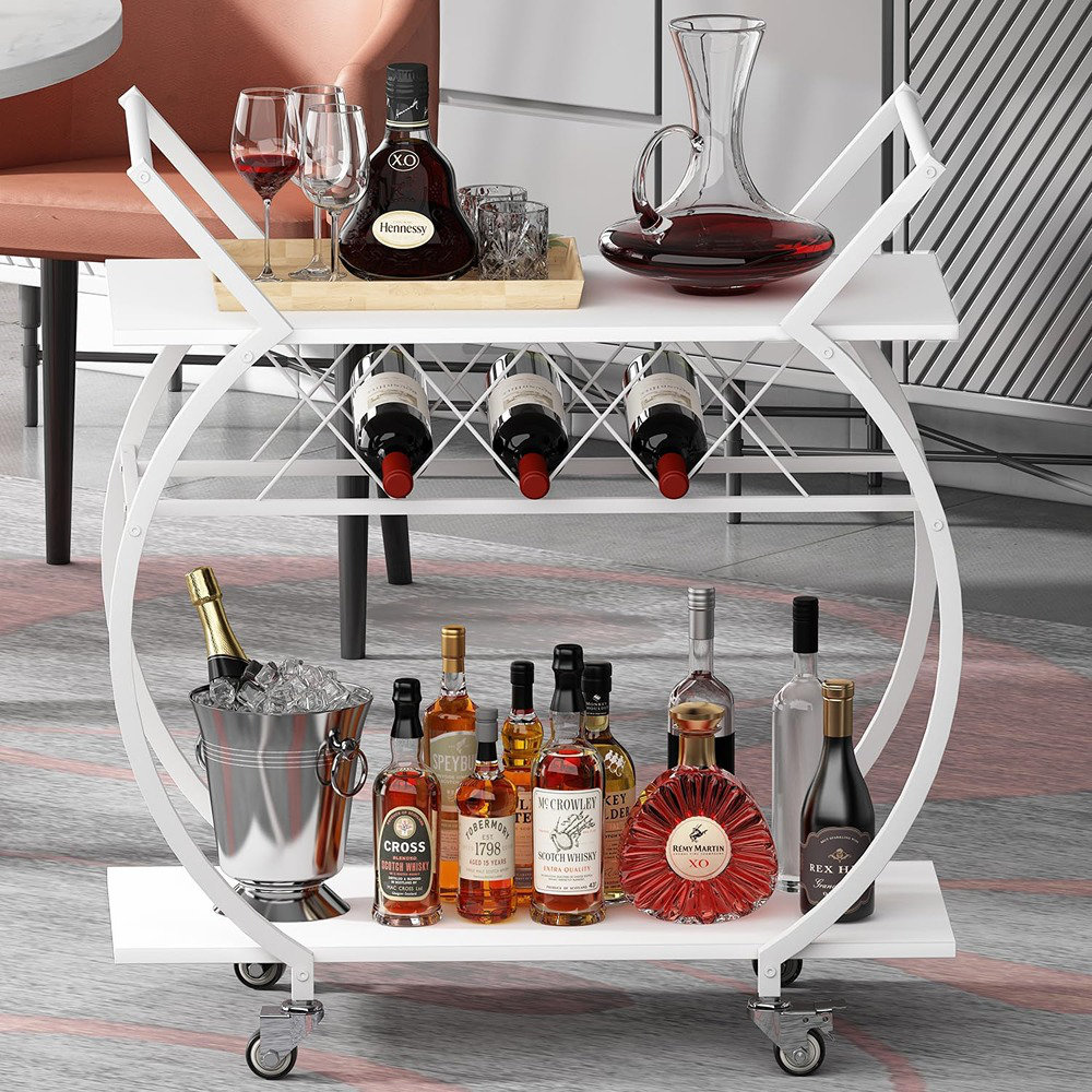 Latitude Run® White Bar Cart, Modern Rolling Serving Wine Cart With ...
