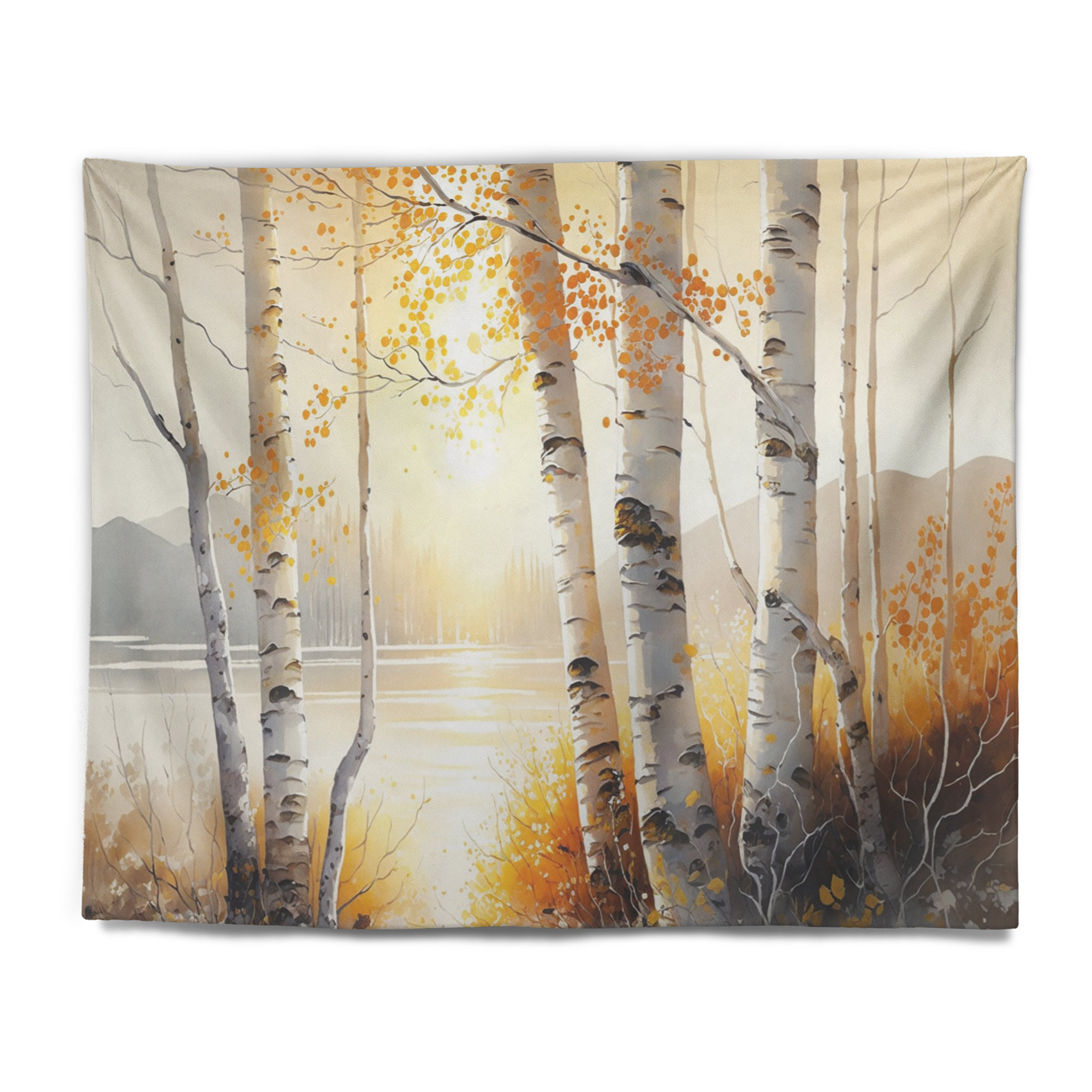 Millwood Pines Polyester Birch Trees During Golden Hour By The Lakeside ...