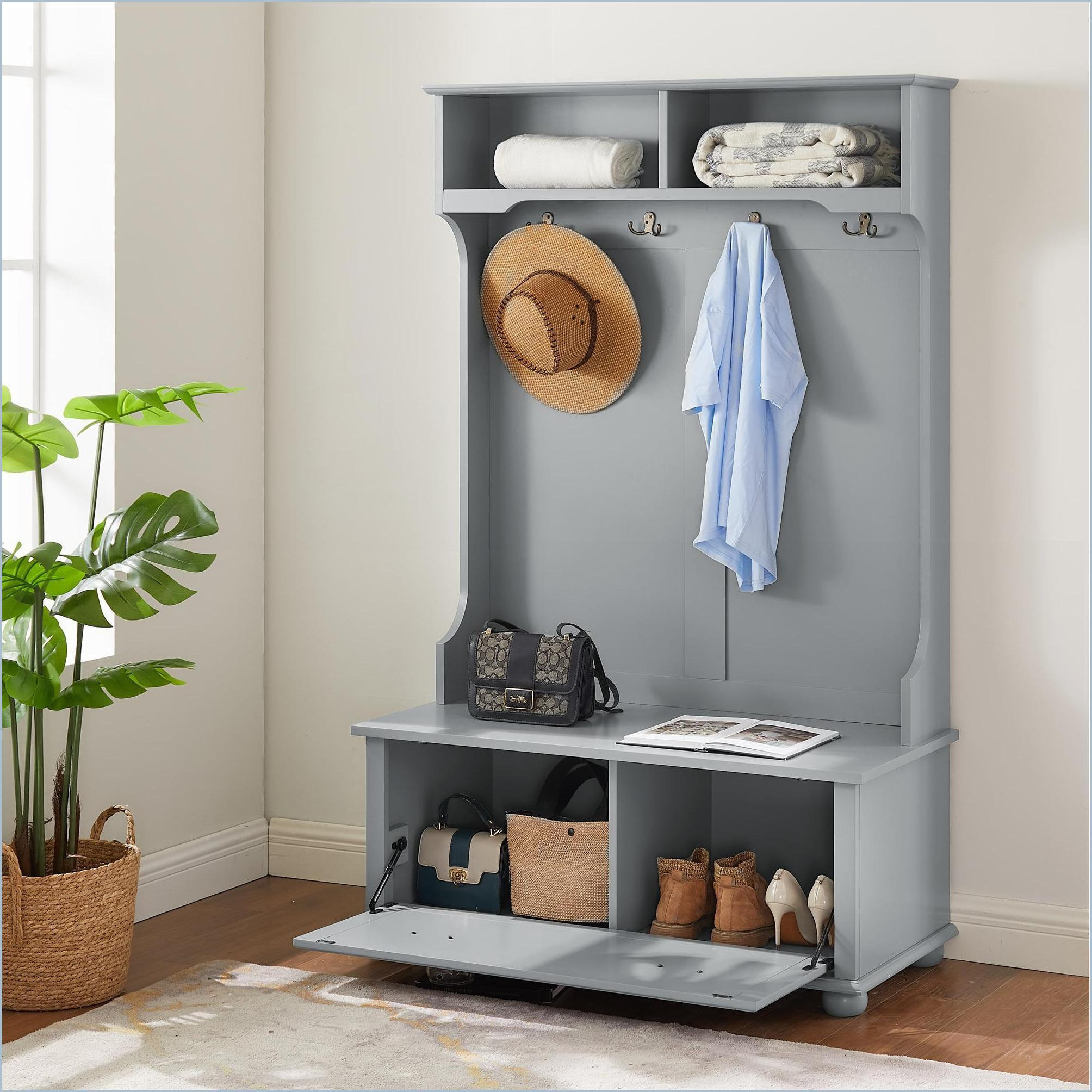Hokku Designs Hall Tree with Shoe Rack Bench, Coat Hooks & Open Shelves ...