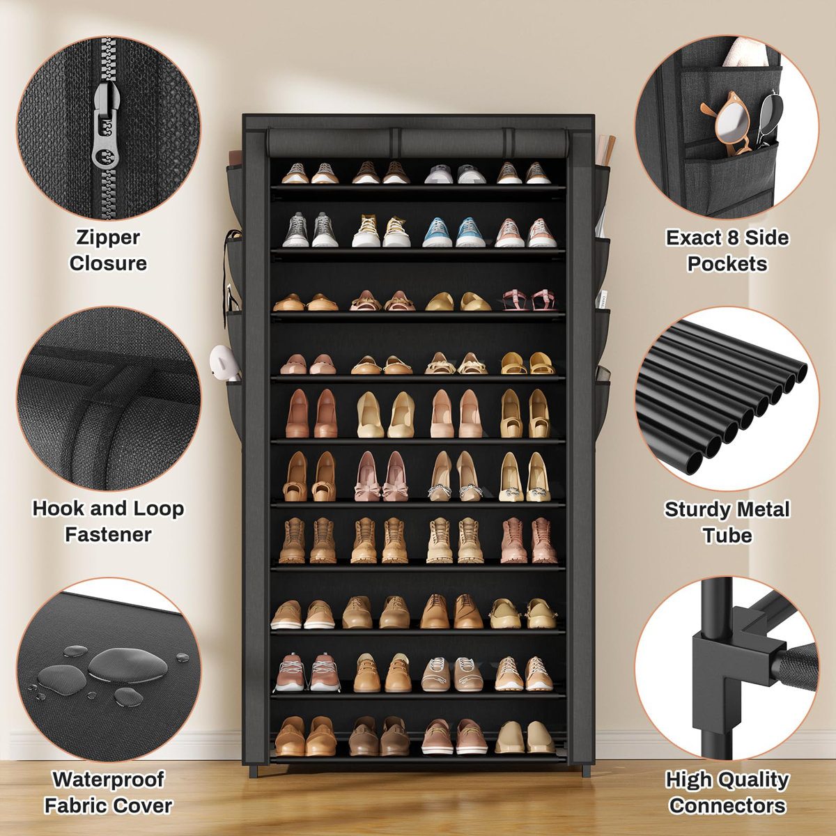 Rebrilliant Tall Shoe Rack With Cover, 10 Tier Shoe Organizer Storage ...