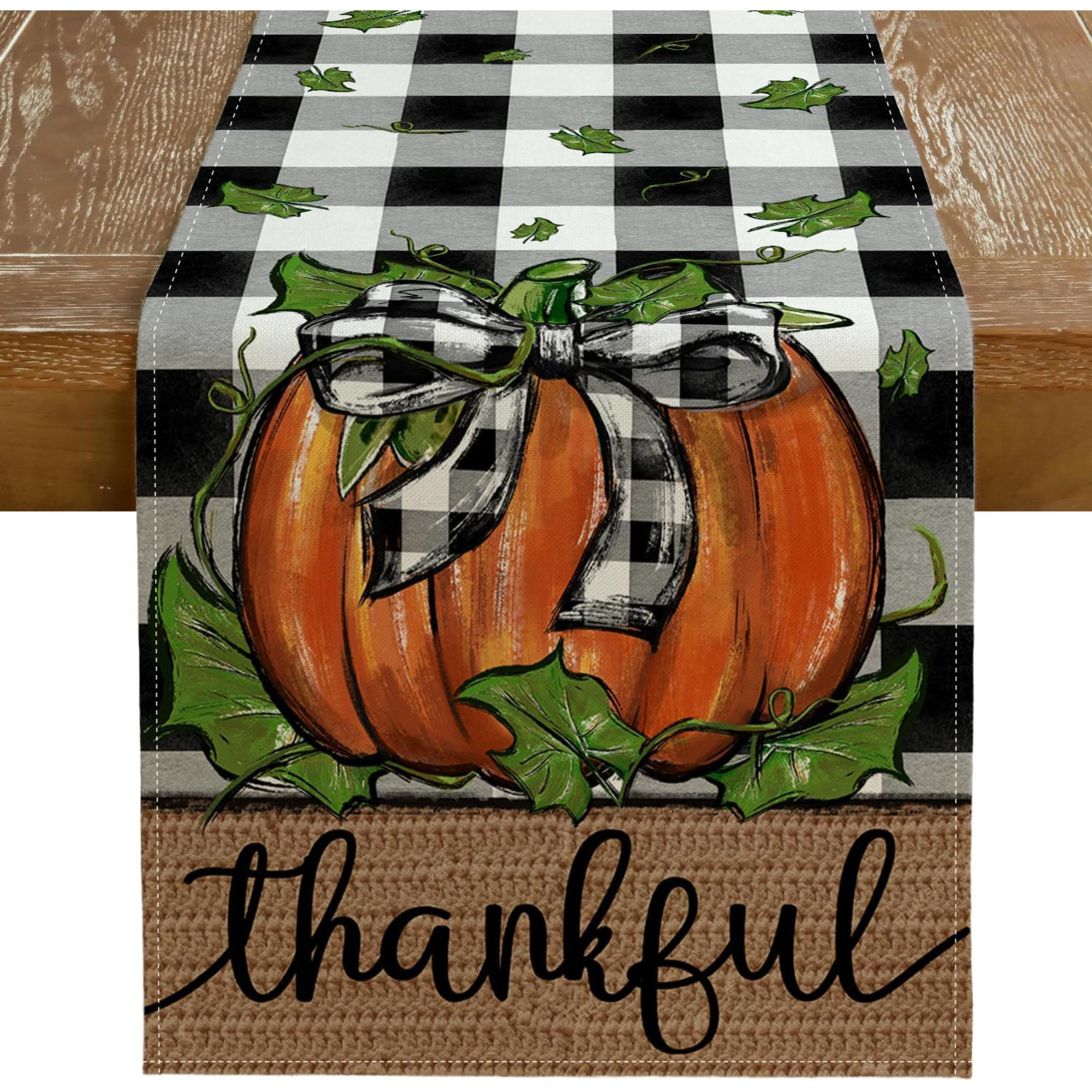 The Holiday Aisle® Fall Table Runner, Buffalo Plaid Check Pumpkins Leaves Thankful Farmhouse ...