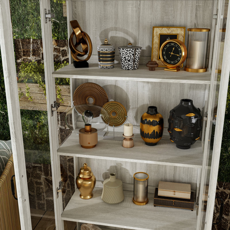 Wrought Studio Modern Grey Oak Glass Door Display Cabinet With Warm ...