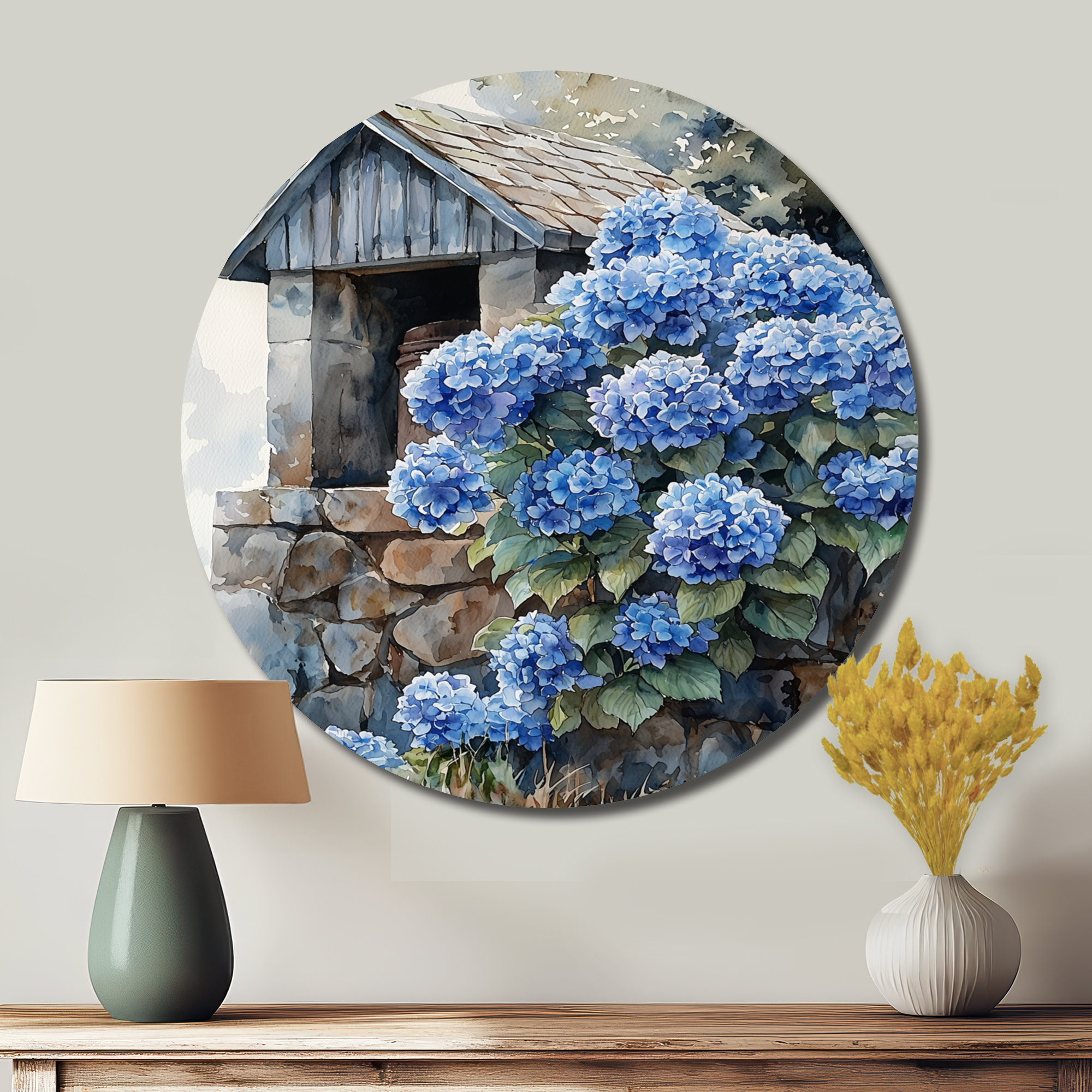 August Grove® Hydrangeas By The Farm Well I - Traditional Blue Metal ...
