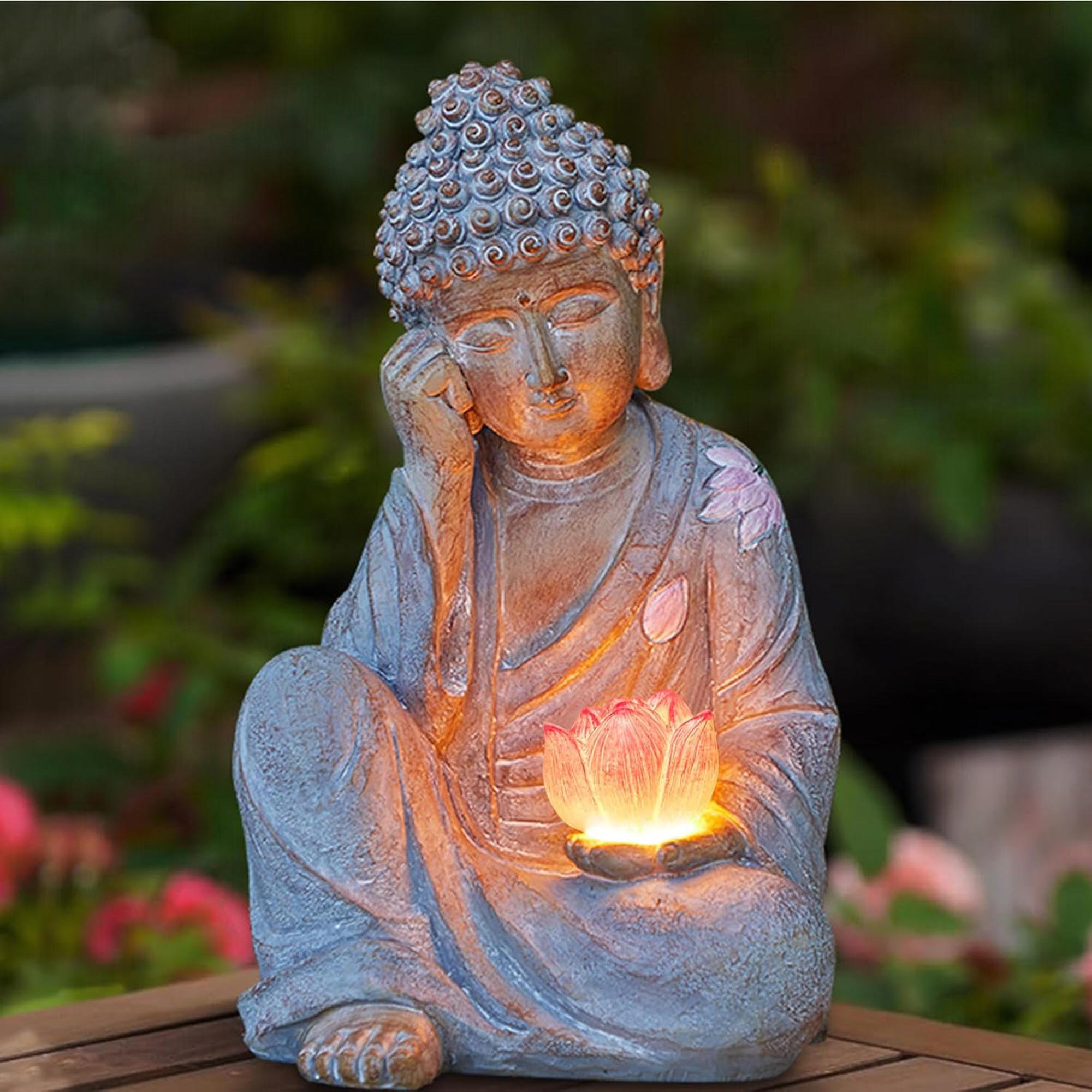 Trinx Solar Buddha Garden Statue With Lotus Flower Light - IP65 ...