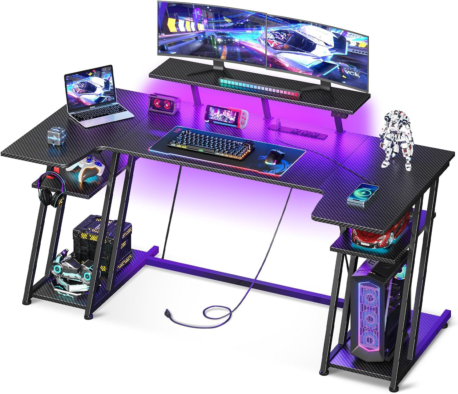 17 Stories Gaming Desk With LED Lights, 60 Inch U Shaped Desk With ...