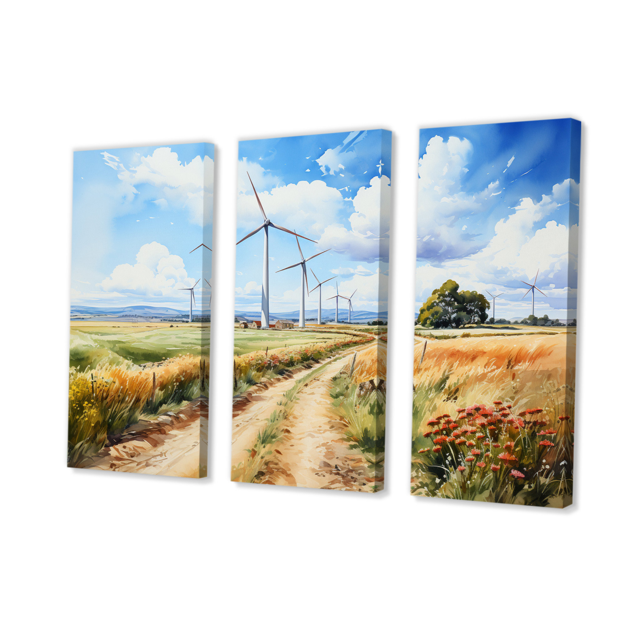 Winston Porter Wind Turbines in Countryside II - 3 Piece Wrapped Canvas ...
