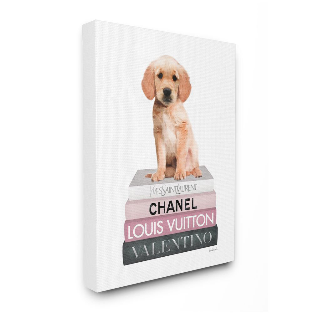 Stupell Industries Adorable Puppy Sitting On Glam Fashion Books by ...