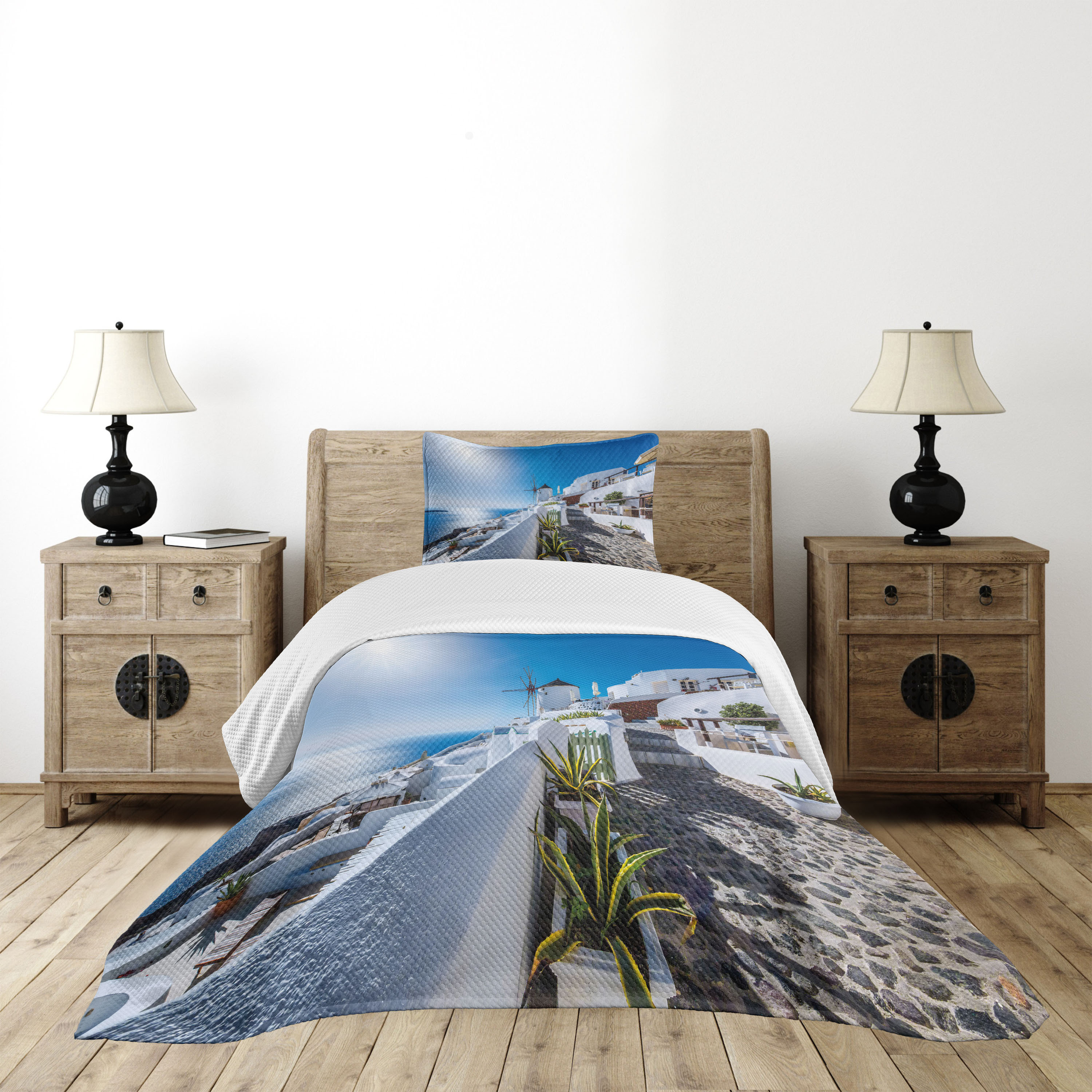 Ambesonne Summer Bedspread Set Oia Village in Santorini Blue and White | Wayfair