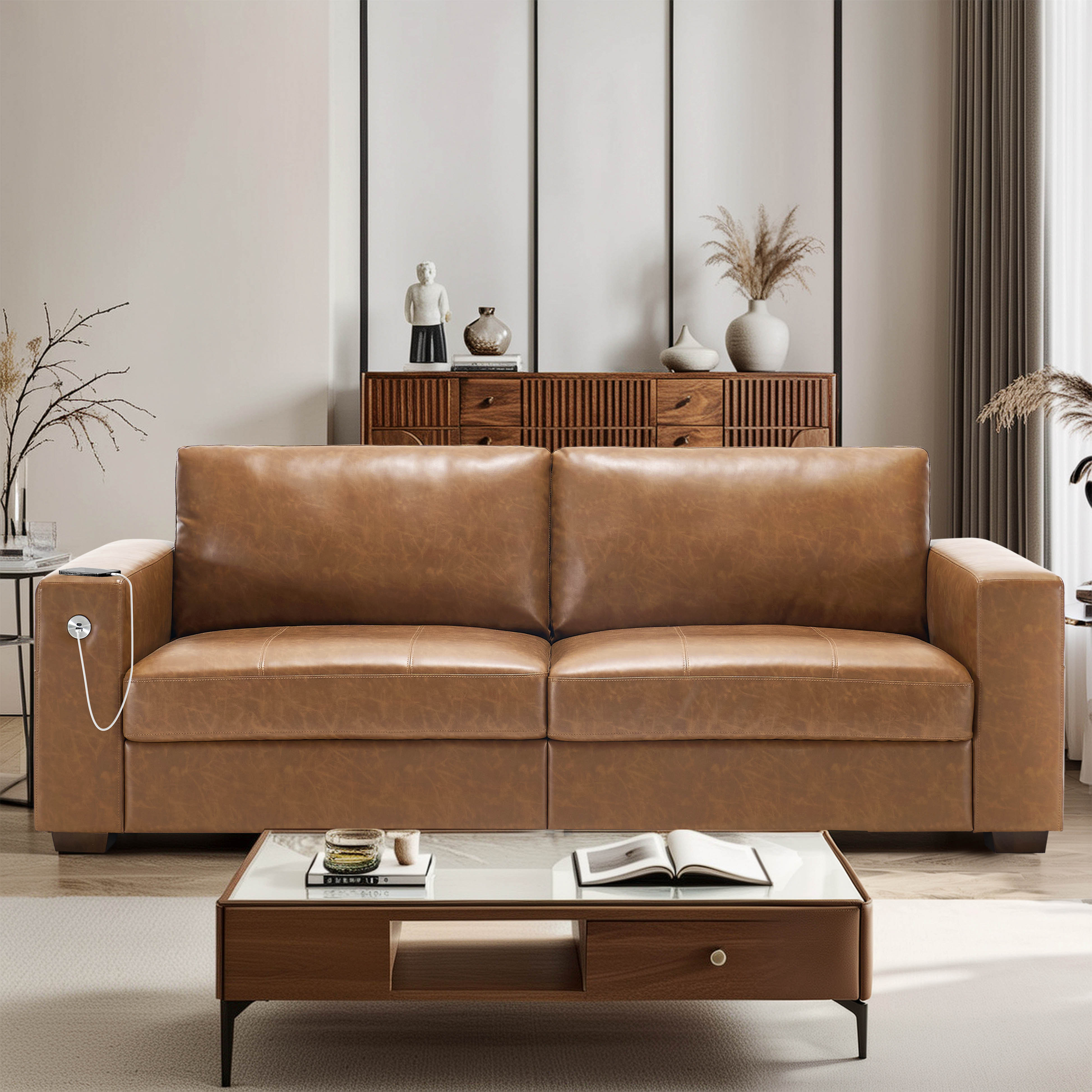 Ebern Designs Yakina 89'' Upholstered Modern Vegan Leather Sofa with ...