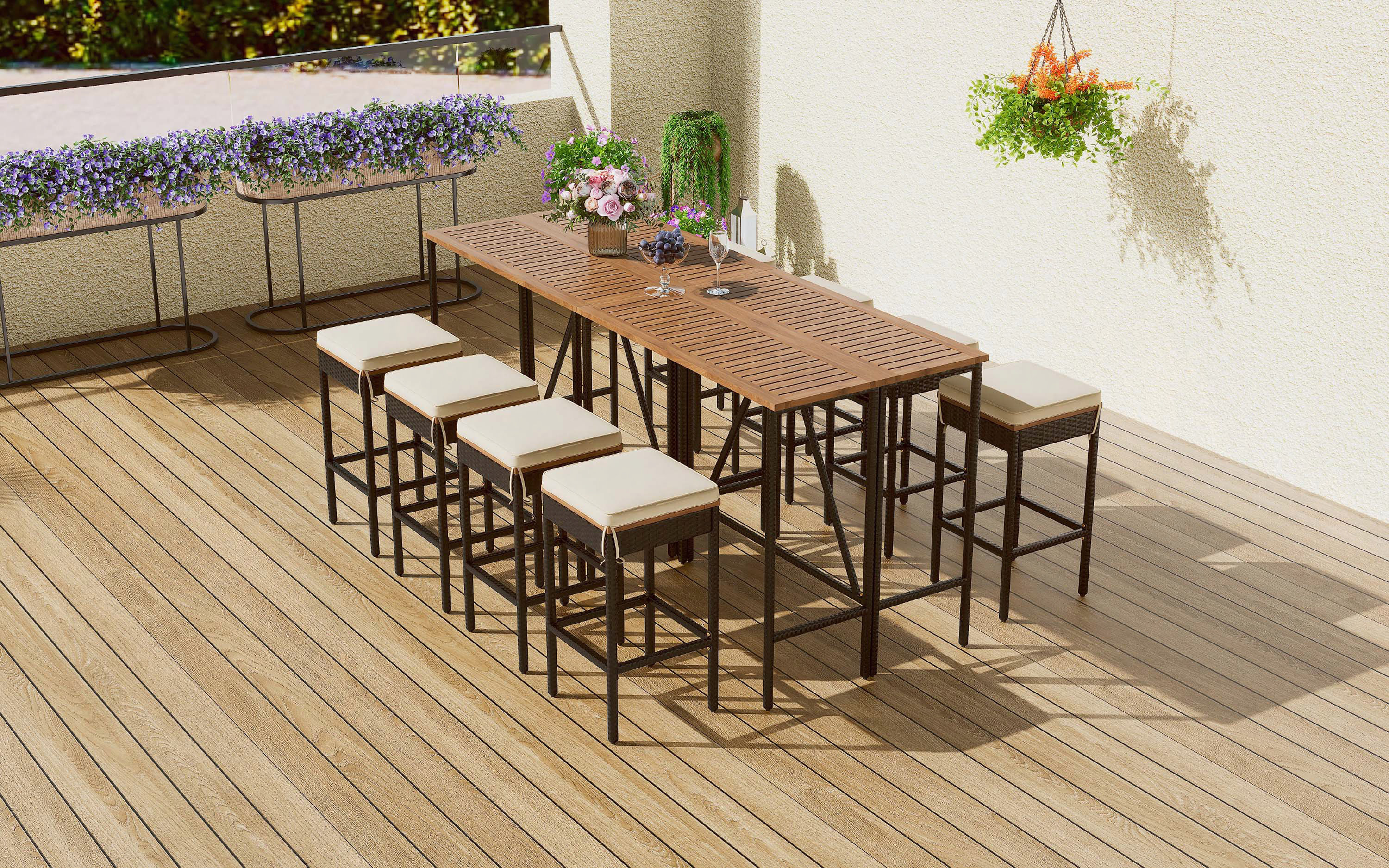 Hokku Designs 10-Piece Outdoor Acacia Wood Bar Height Table And Eight ...