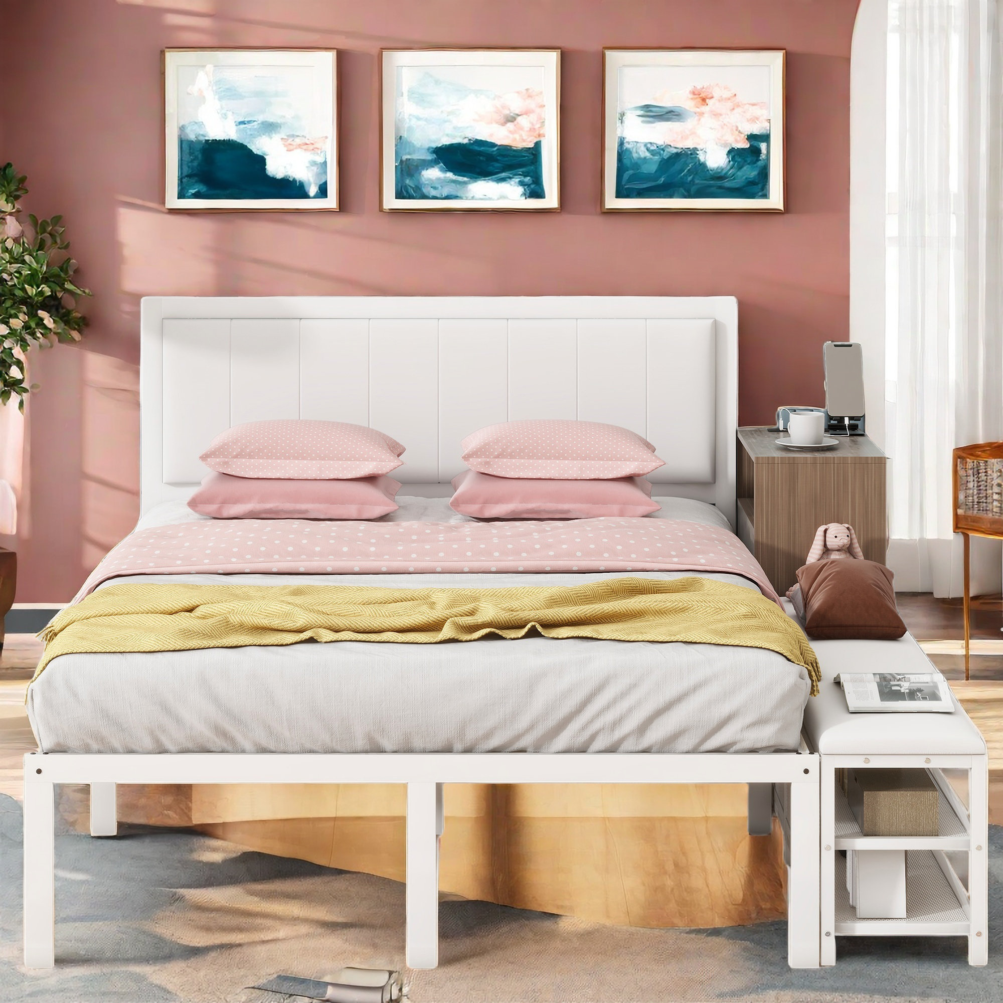 Urbanuniteusa Metal Platform Bed With Cushioned Footrest With Two-tier ...