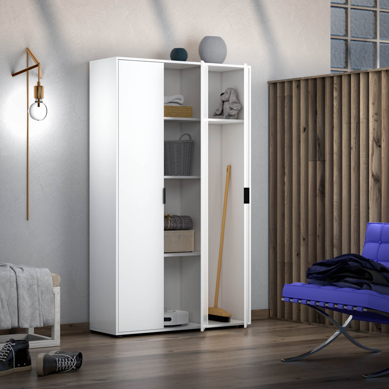 17 Stories Sombir White Gloss Tall 3 Door Storage Utility Broom ...