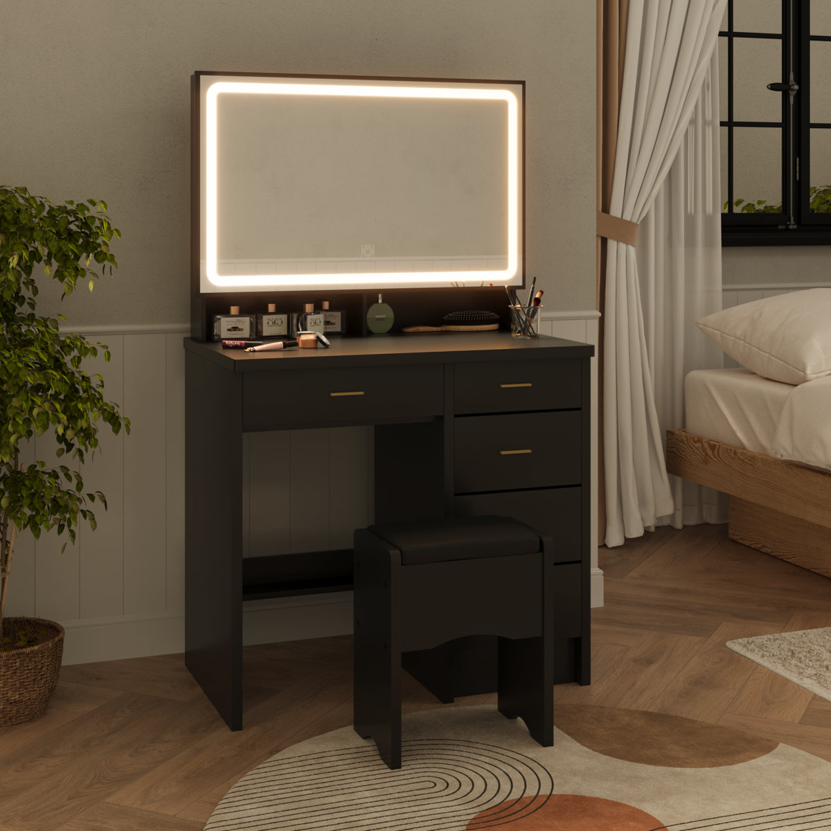 Wrought Studio™ Mickyla Vanity Desk With Lights Mirror & Stool ...