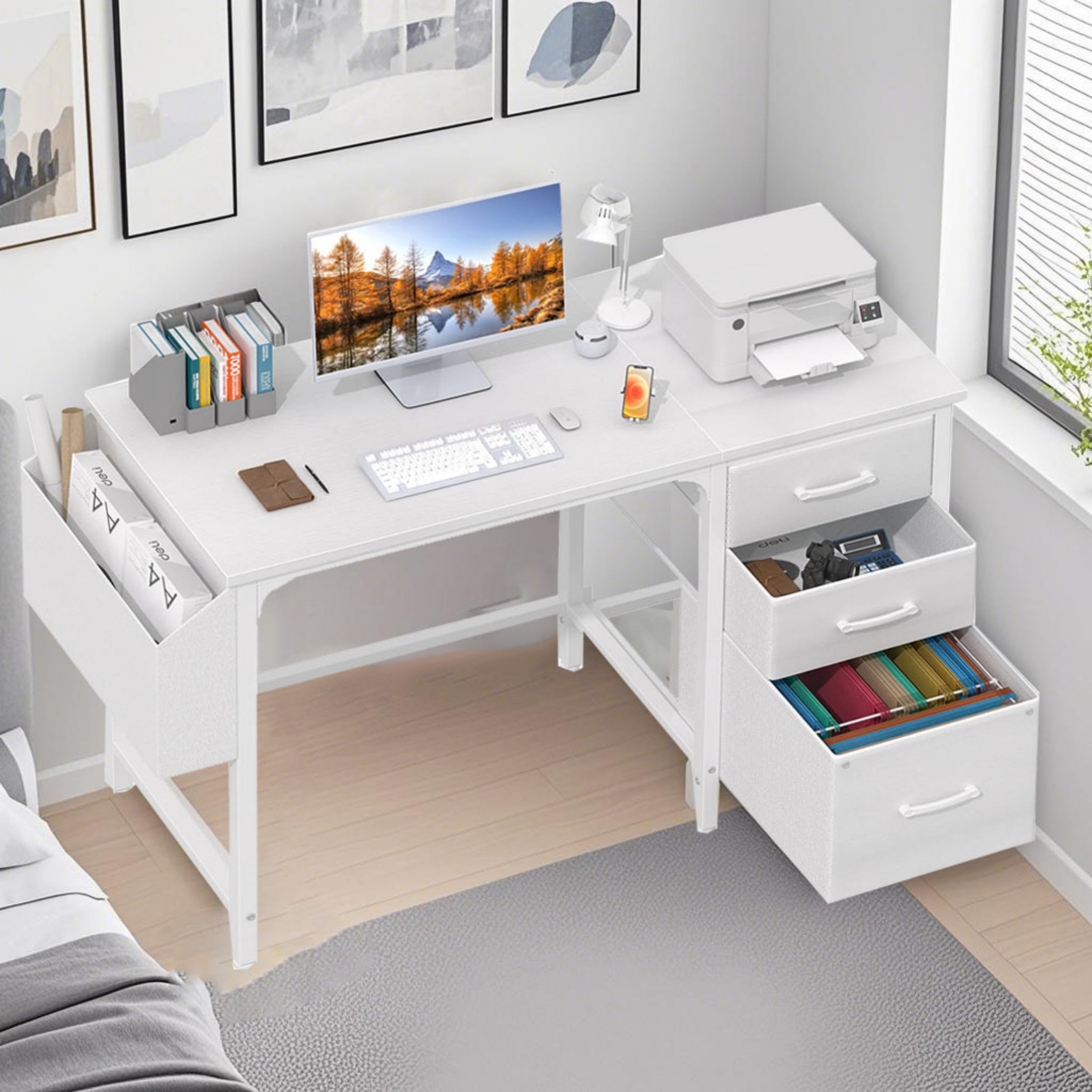 Ebern Designs 47" White Modern Computer Desk With 3 Fabric Drawers ...