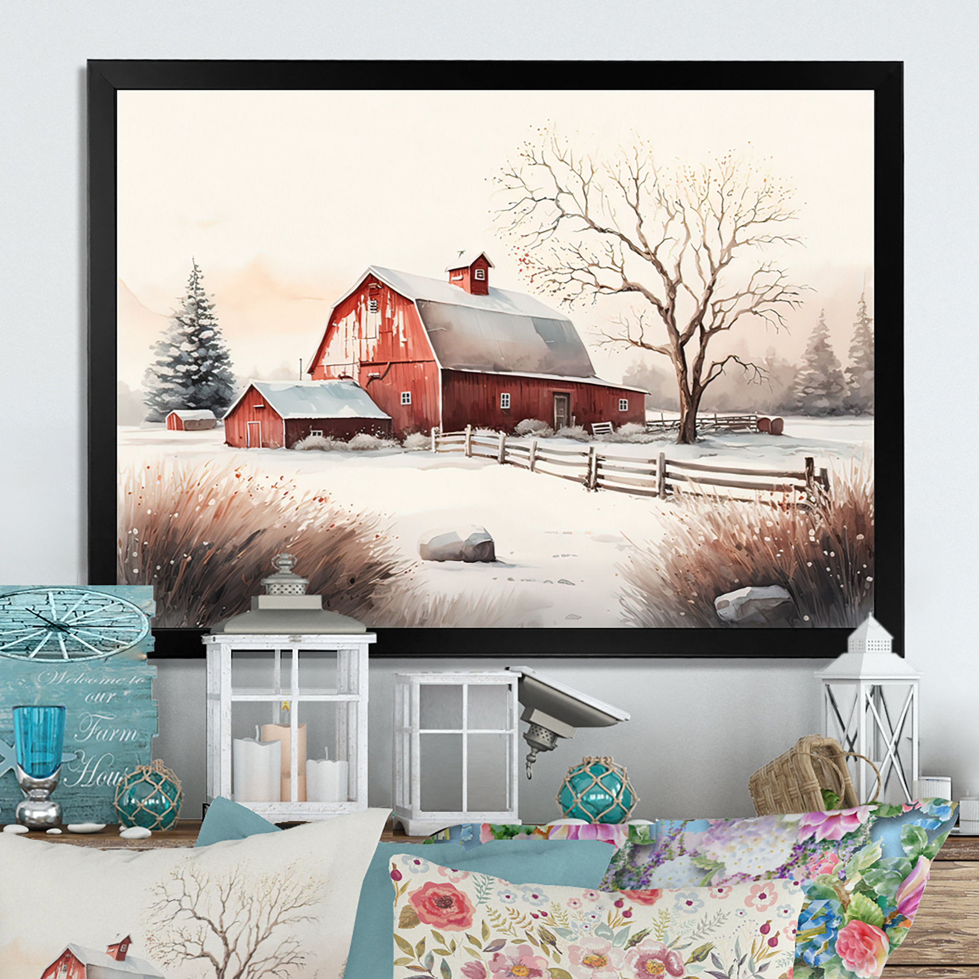 August Grove® Calm Red Barn In Winter V - Farmhouse / Country Canvas ...
