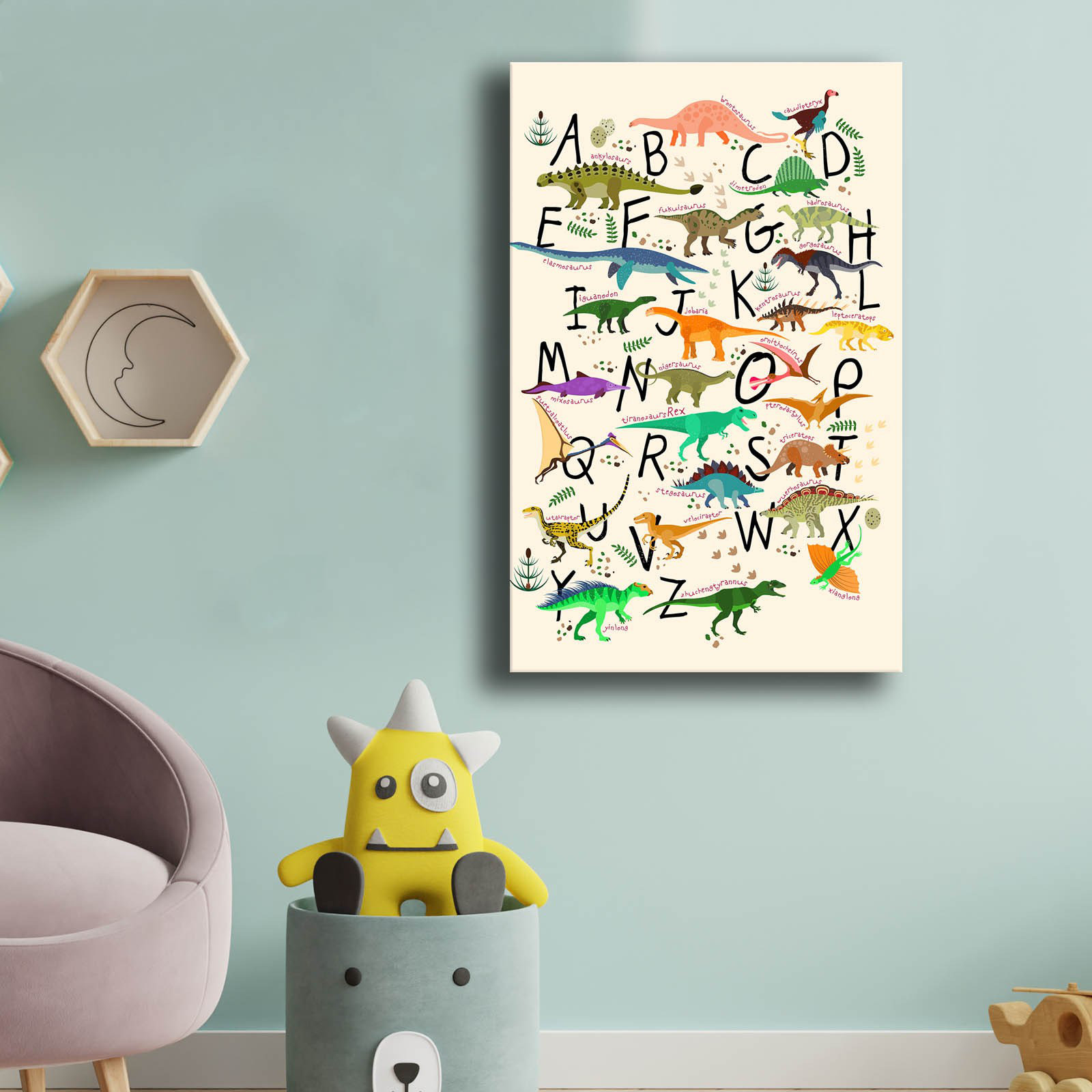 Dakota Fields Dinosaur Alphabet Educational Kids Pine Frame Canvas Wall ...