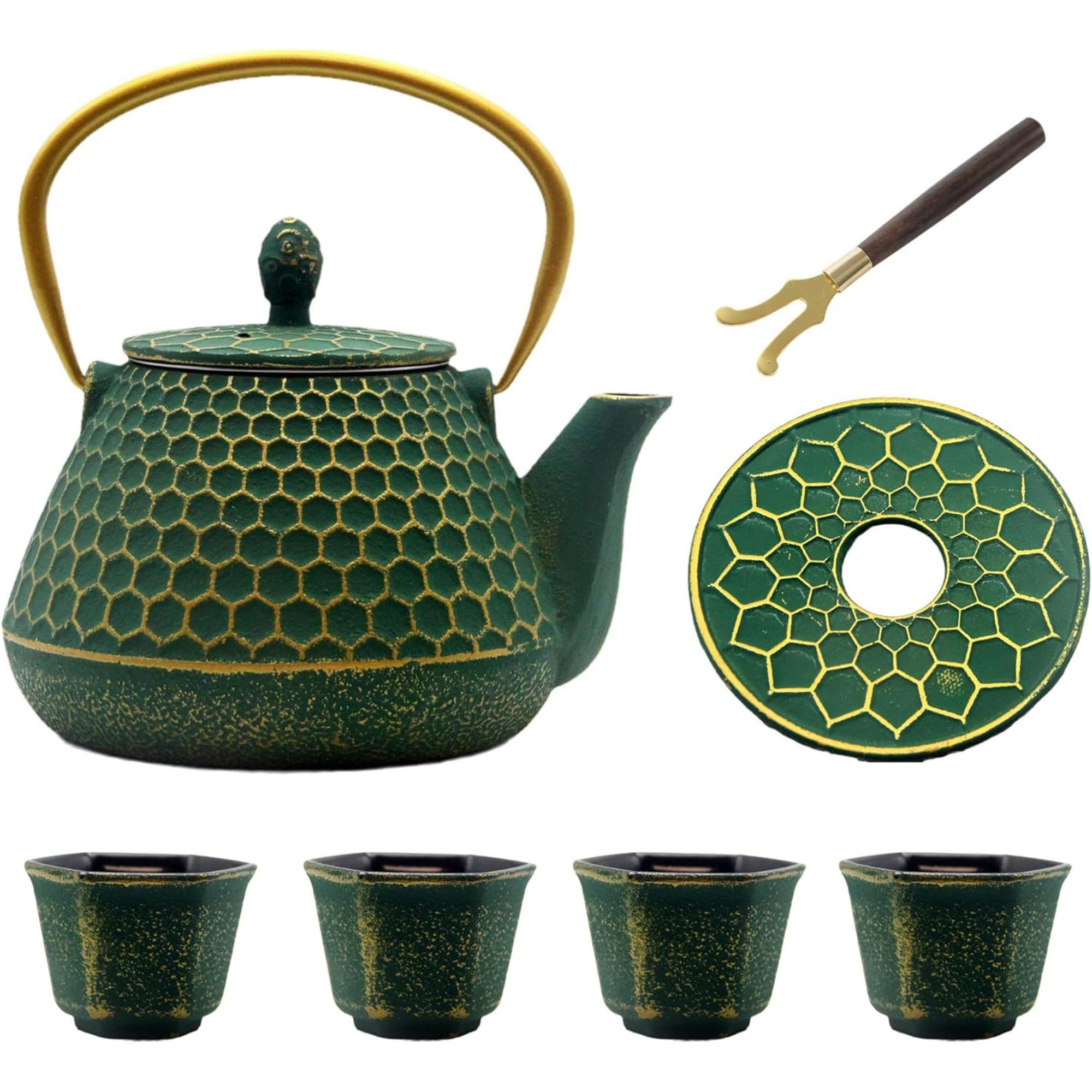House of Hampton Cast Iron Tea Kettle Set Hexagon Pattern Teapot Set ...