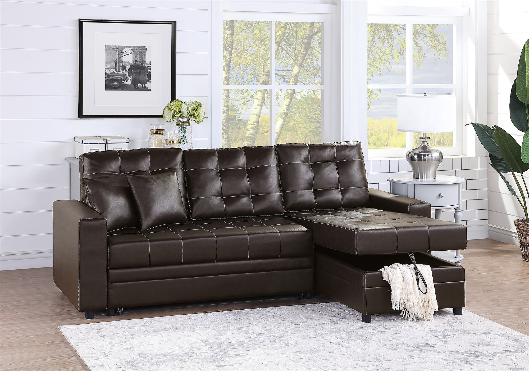 Latitude Run® Espresso Convertible Sectional Pull Out Bed Sofa Chaise ...