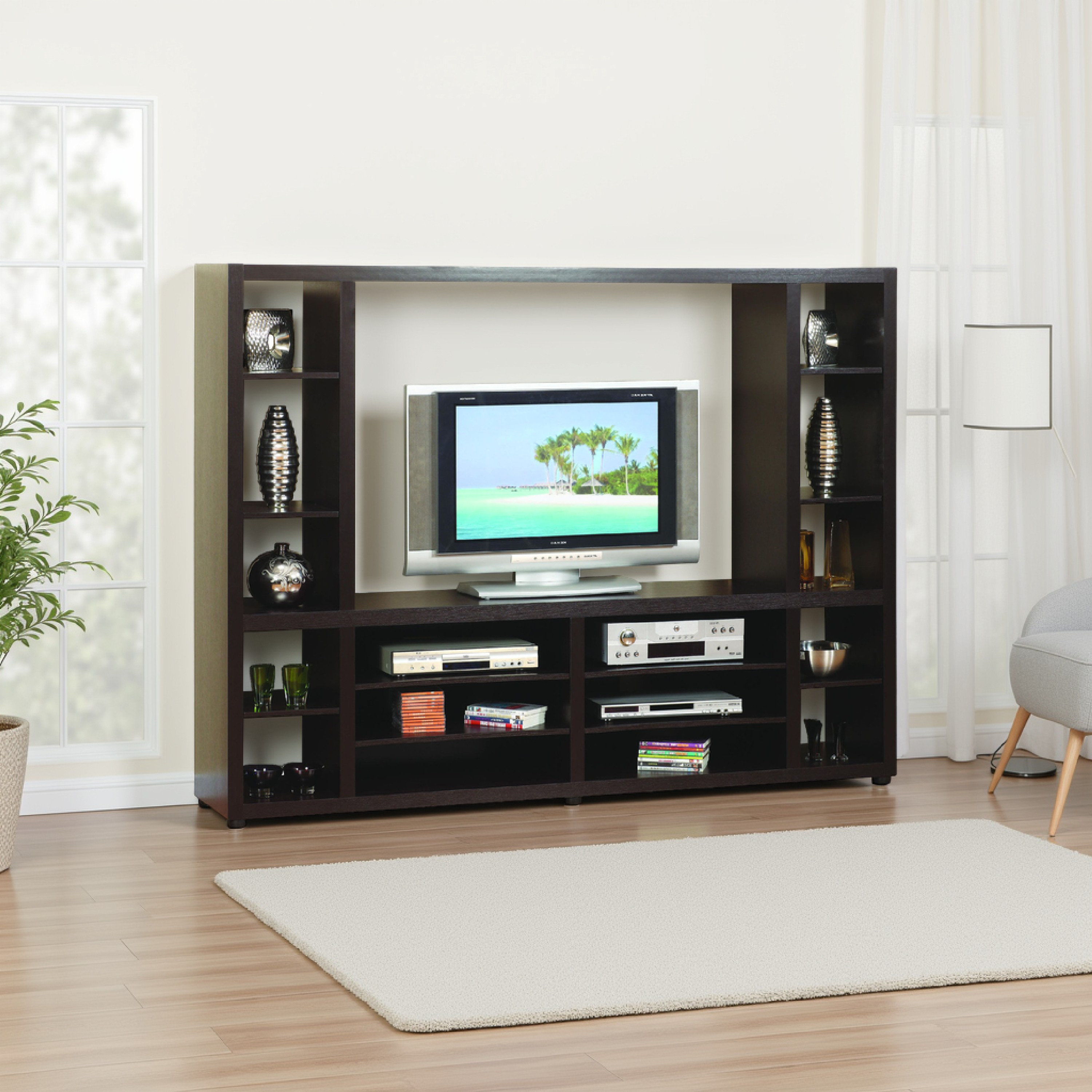Benjara TV Stand Cabinet With Piers For 48 Inch Screen, 10 Shelves ...