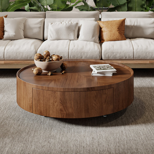 Millwood Pines Crantor Round Coffee Table with 2 Storage Drawers Walnut ...