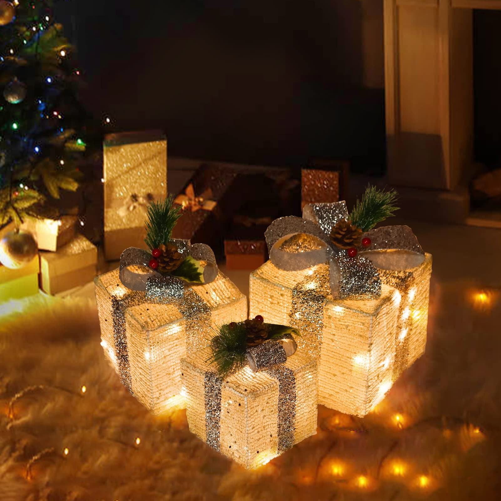 The Holiday Aisle® Set of 3 Christmas Lighted Gift Boxes, Pre-lit 60LED ...