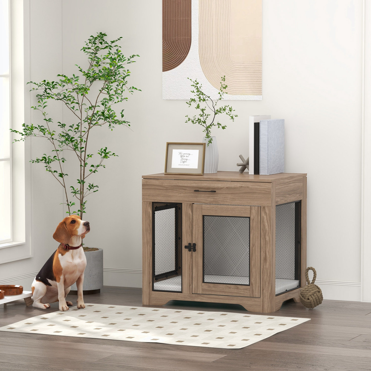 17 Stories Dog Crate with Soft Water-Resistant Cushion and Drawer ...