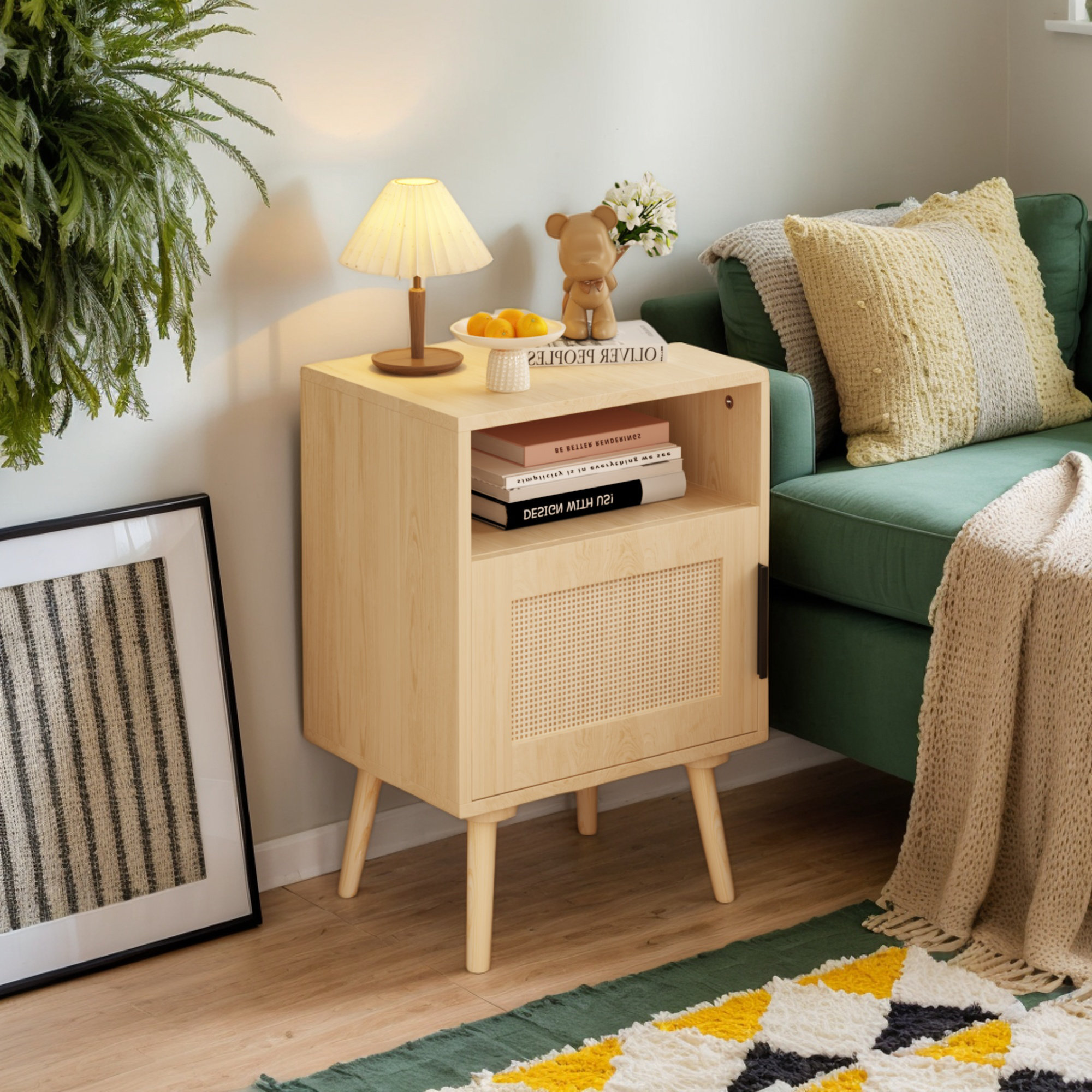 Bay Isle Home™ 22.83'' H Oak Rattan Nightstand With Door & Open Shelf ...