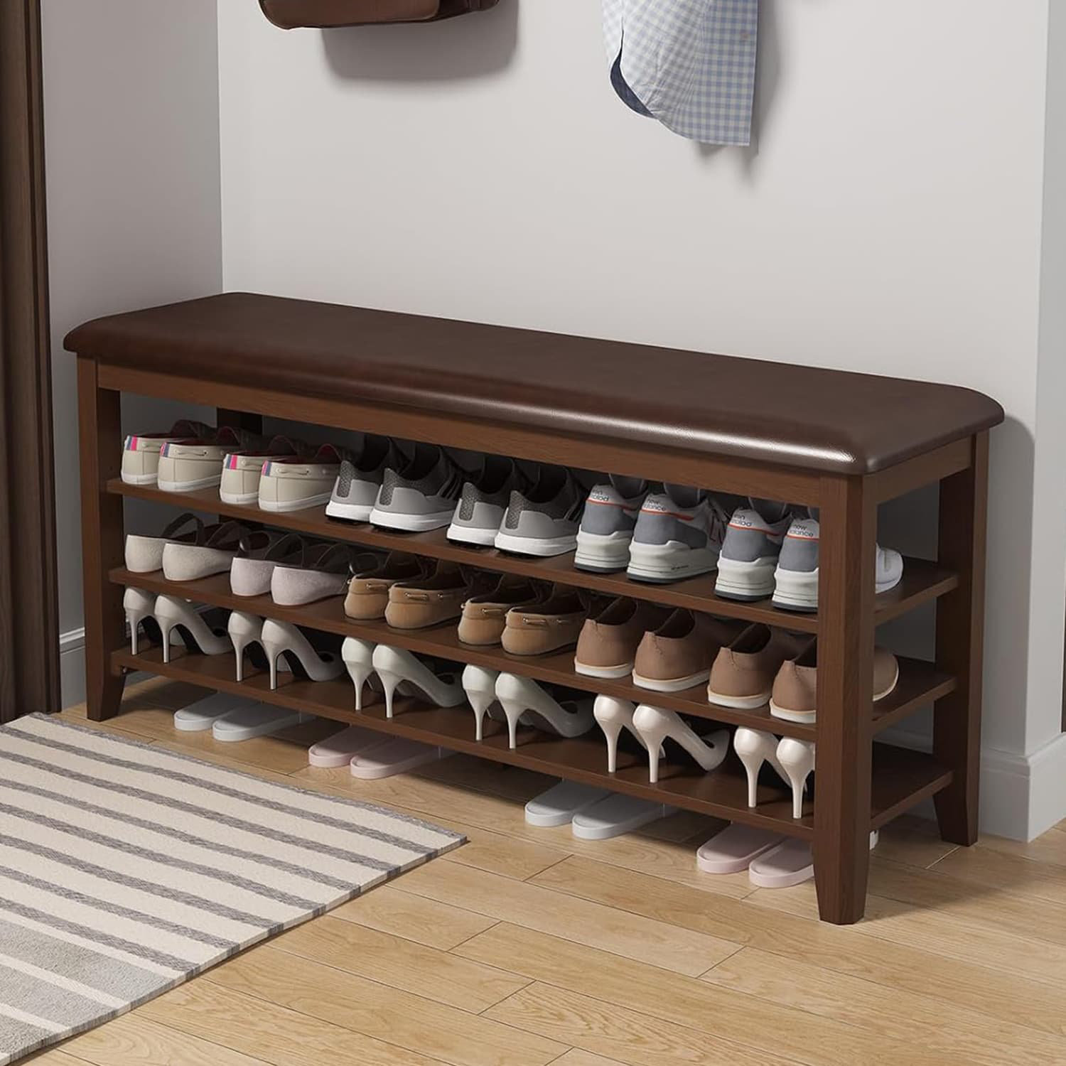 HONABI Shoe Stool With Leather Cushion, 3-Layer Shoe Storage Stool ...