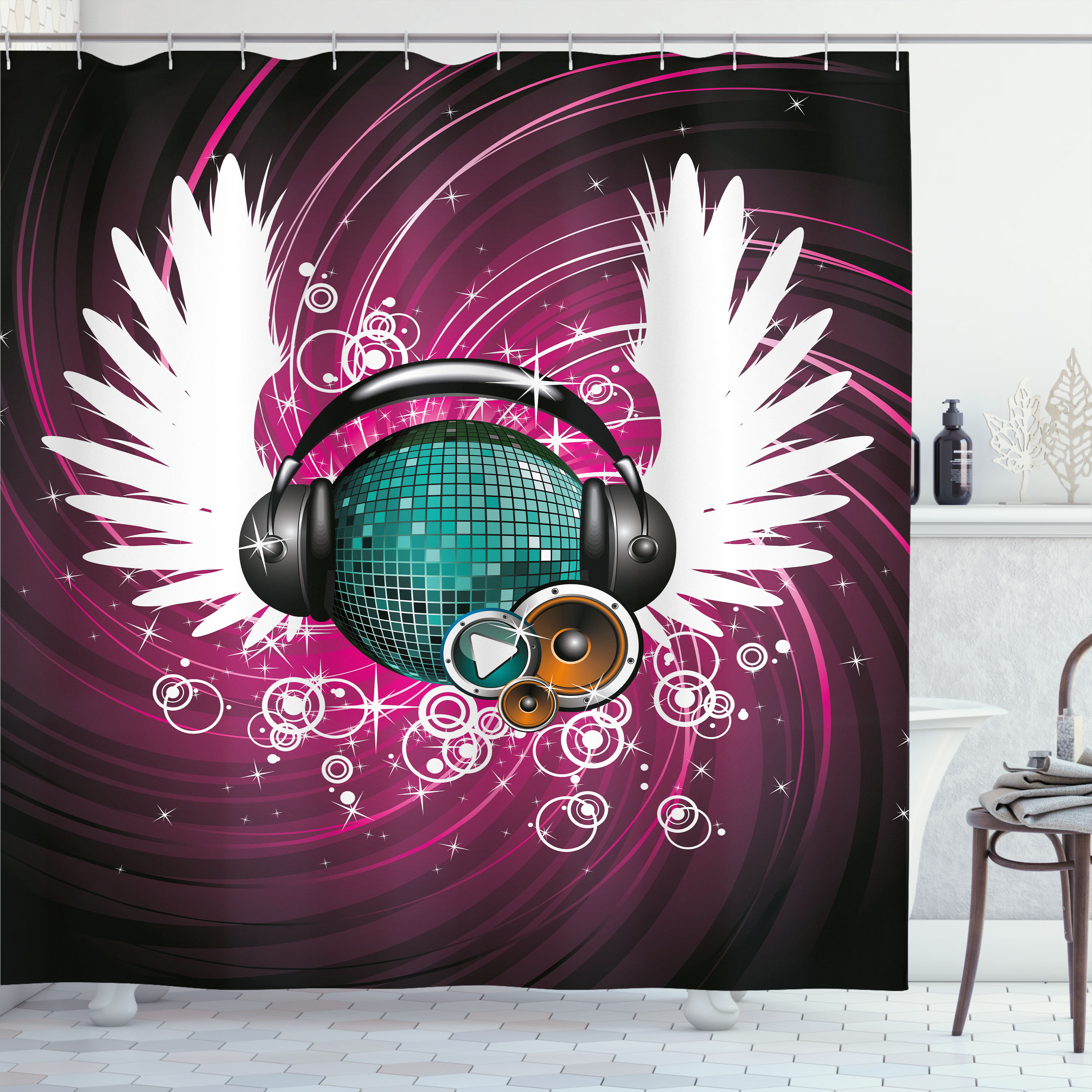 East Urban Home Popstar Party Shower Curtain Disco Ball Music Magenta ...