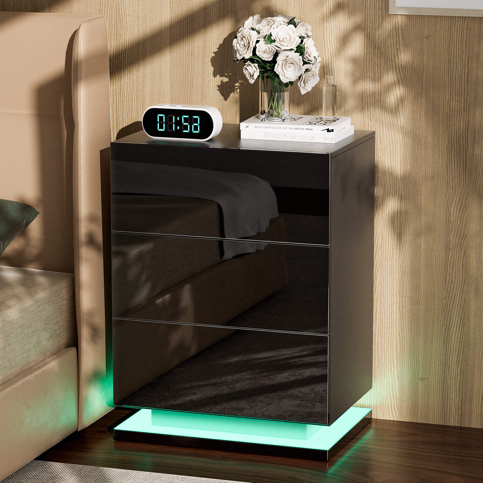 Wrought Studio Nightstand with LED End Tables with 3 Drawer & Flapping ...