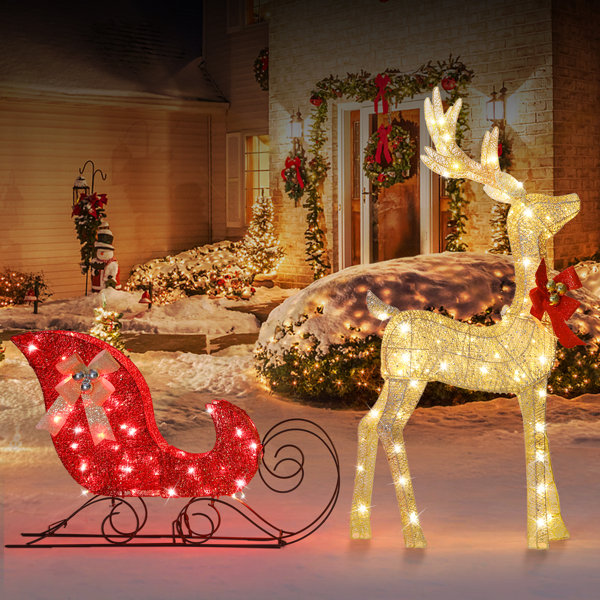 The Holiday Aisle® Light Up 3D Reindeer and Sleigh Christmas Outdoor ...
