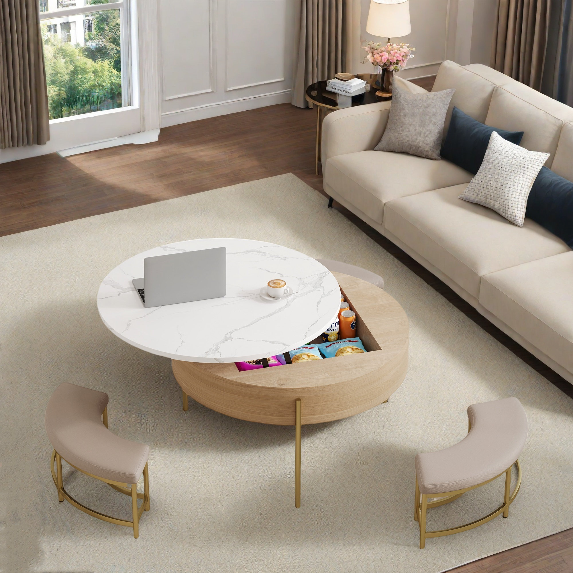 Latitude Run® Modern Lift-up Folding Coffee Table With 4 Stools, 2 ...