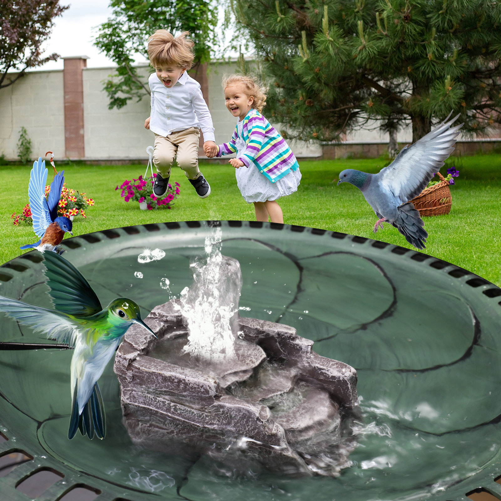 Arlmont & Co. Bird Bath Water Fountain, With Pump For Bird, Rock ...