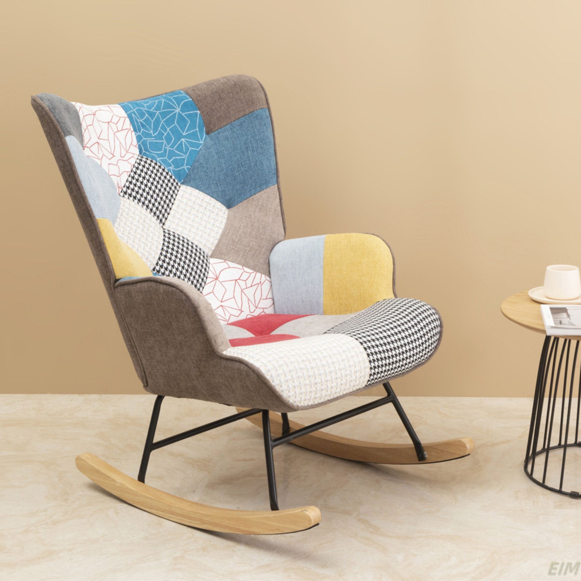 George Oliver Rocking Chair, Mid Century Fabric Rocker Chair With Wood Legs And Patchwork Linen ...