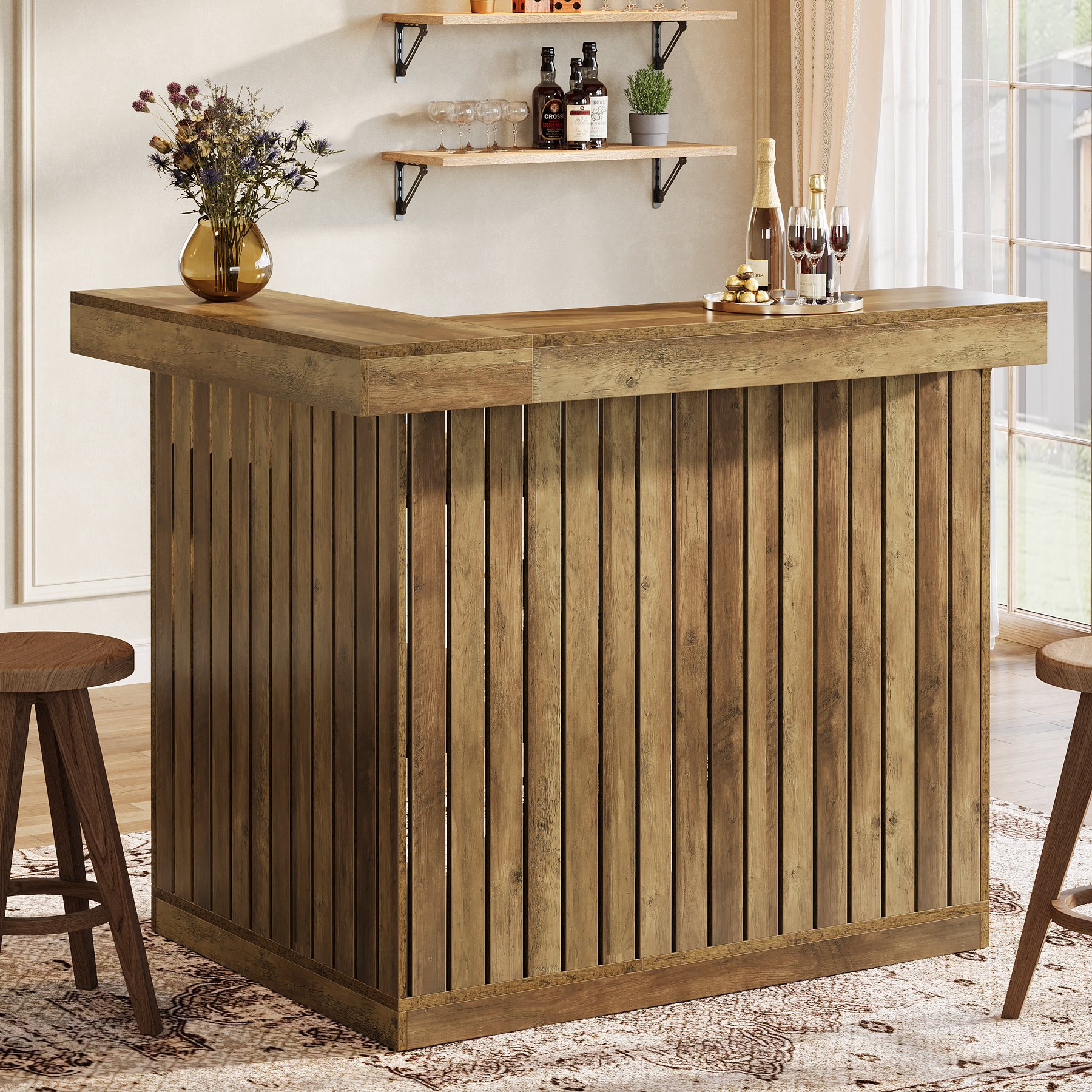 Millwood Pines L-Shaped Home Bar Cabinet, 4-Tier Corner Liquor Bar ...
