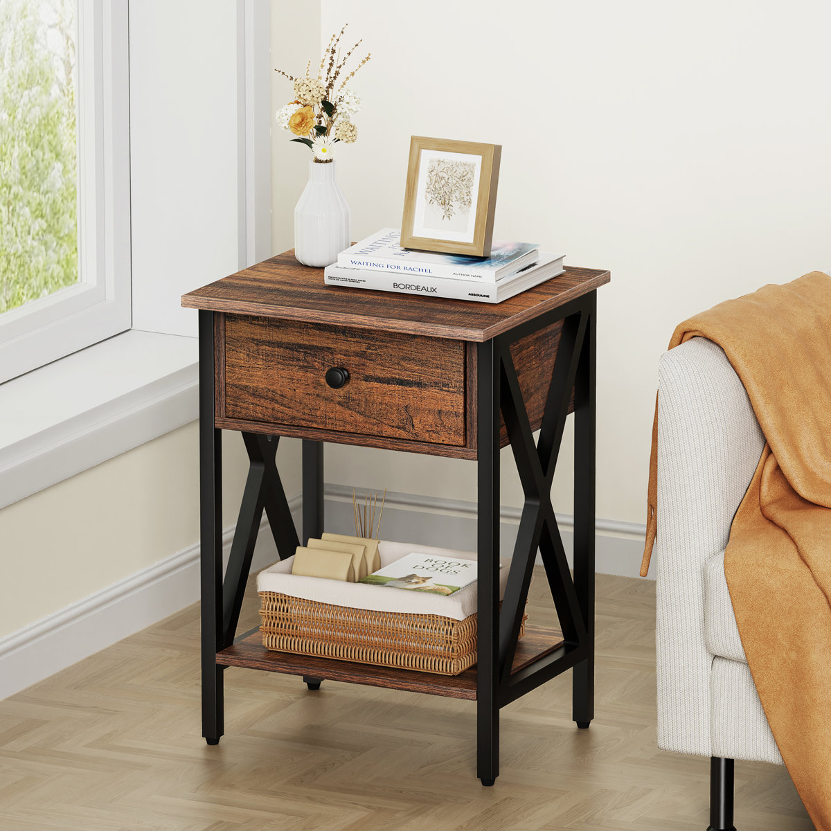 17 Stories 21.8'' Modern End Table With Drawer, Rustic Brown and Black ...
