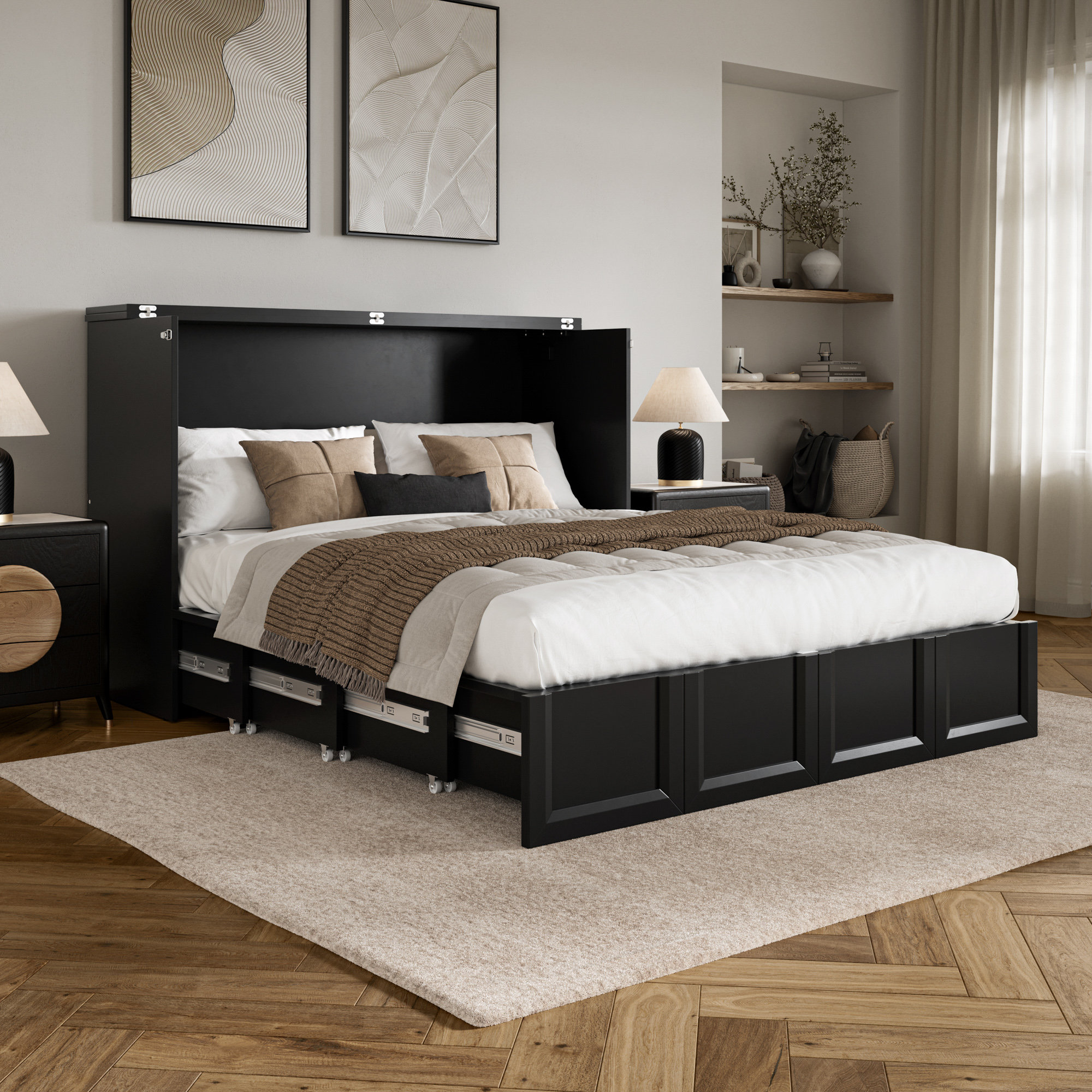 Ebern Designs Athena Wood Murphy Bed Chest with 6" Mattress, Storage ...