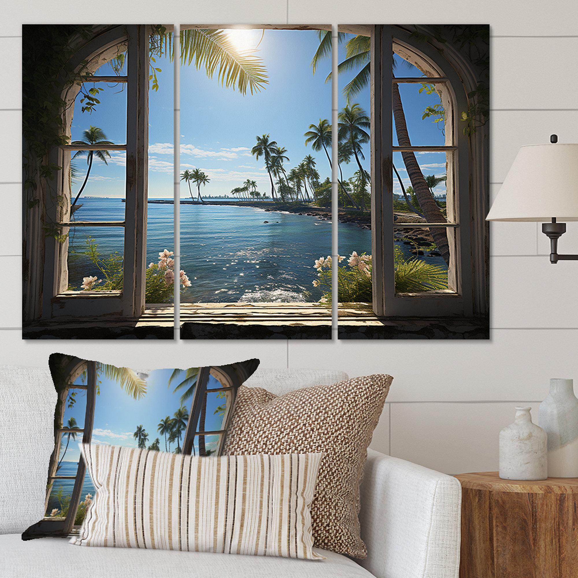 Design Art Tropical Ocean Sunset Through Open White Window II - Coastal ...