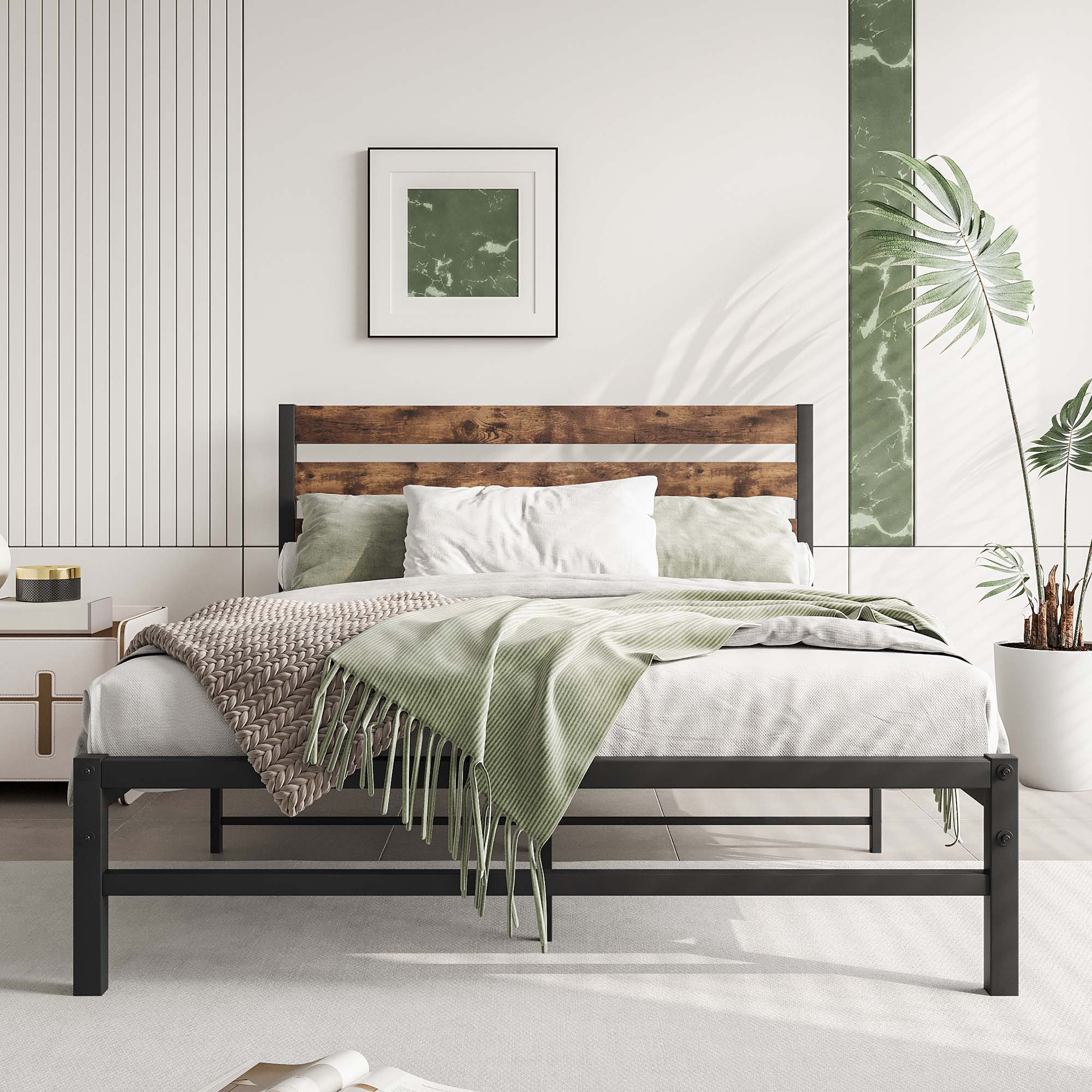 Union Rustic Platform Bed Frame With Rustic Vintage Wood Headboard ...