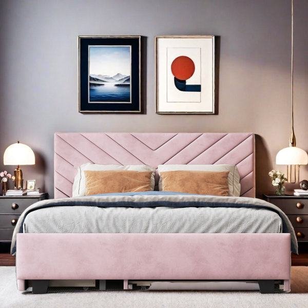 Disney Upholstered Platform Bed With Twill Headboard, Trundle And Two ...