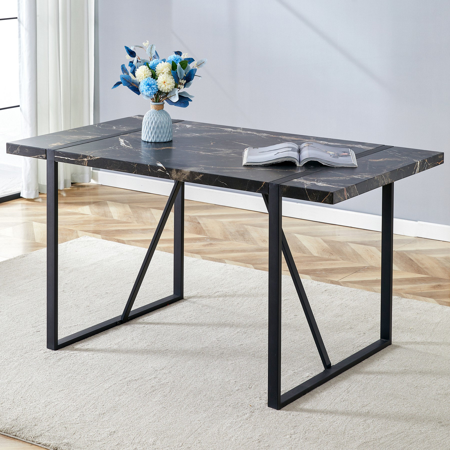 Latitude Run® Industrial Rectangular MDF White Pattern Dining Table ...