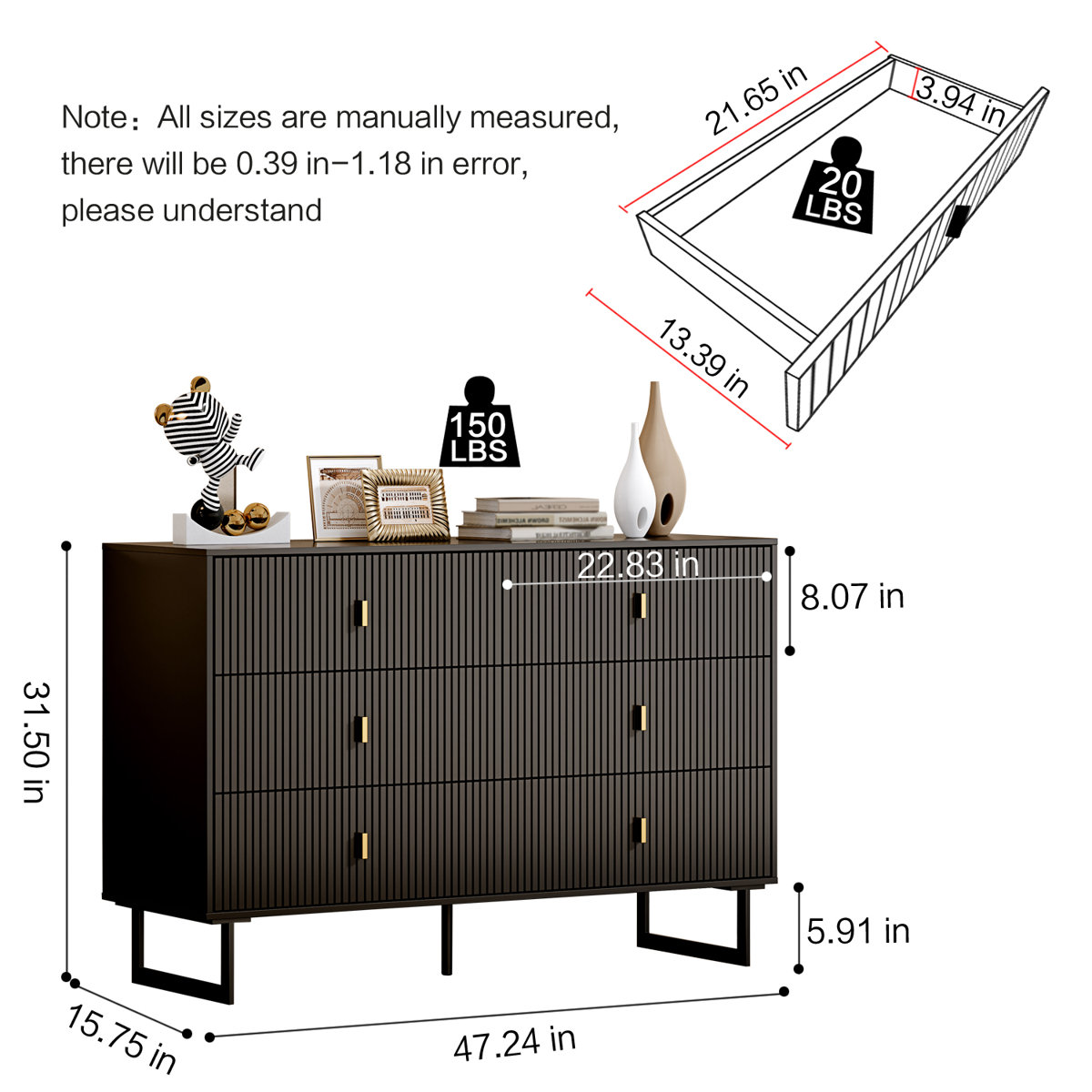 Ebern Designs Black 6 Drawer Dresser For Bedroom, Large Double Dresser ...