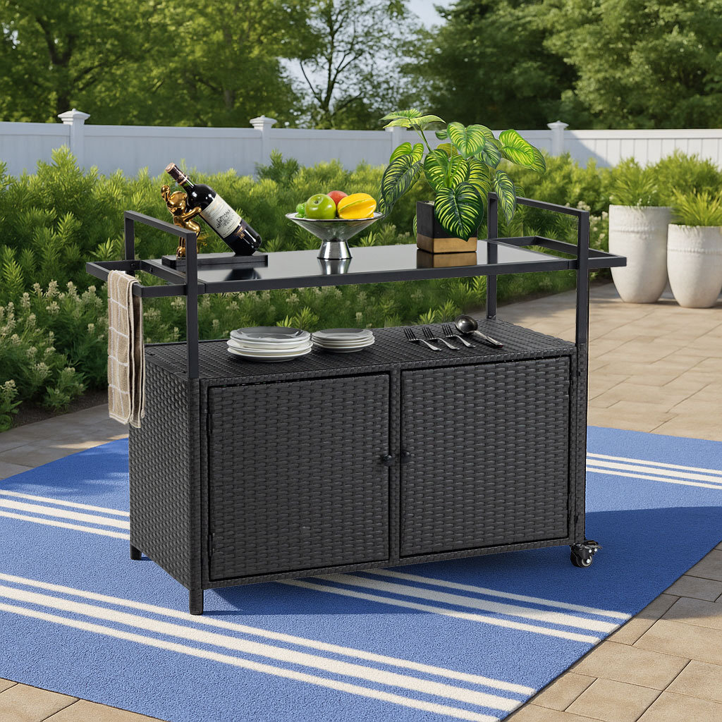 Ebern Designs Rectangular Rattan Bar Cart On Wheels | Wayfair