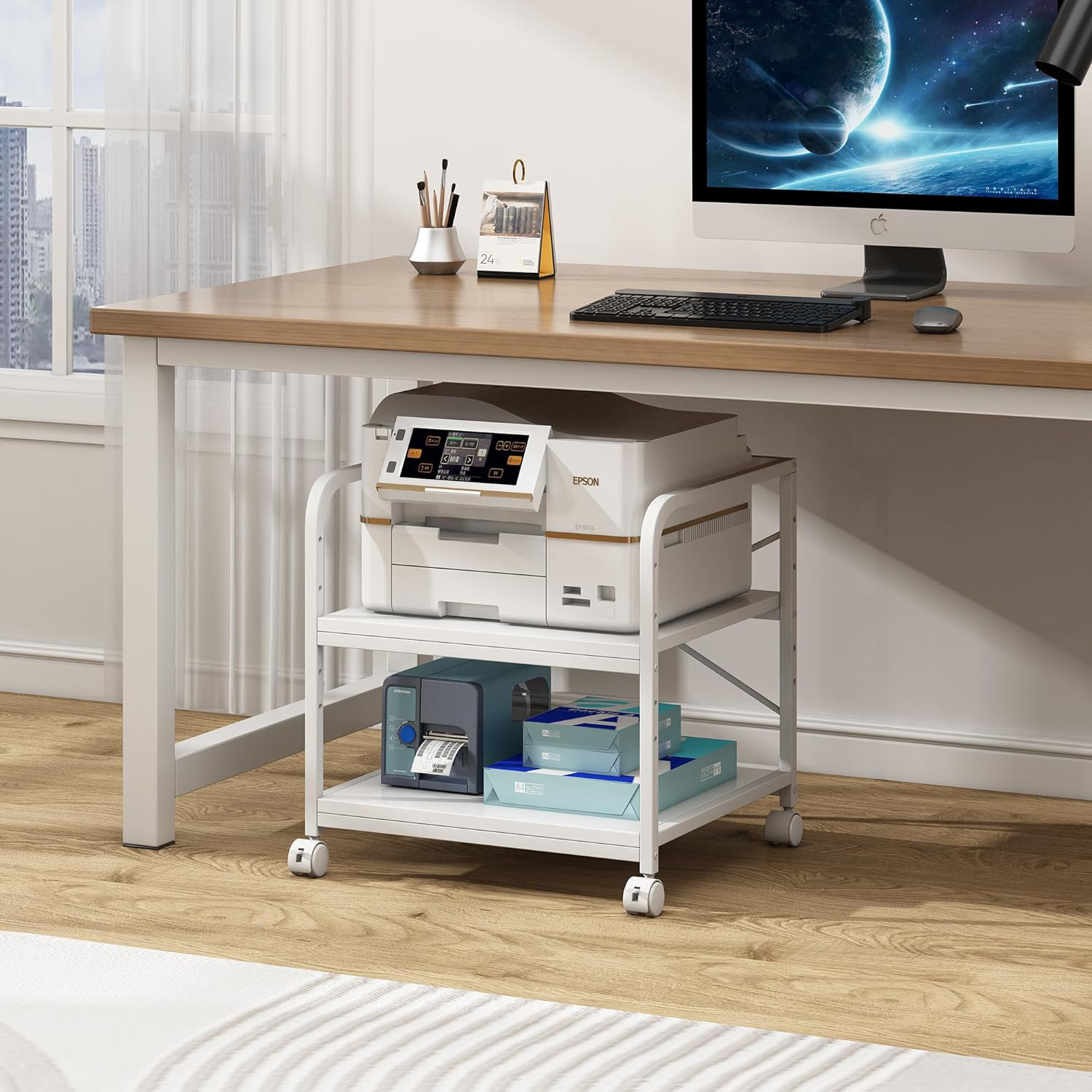 RAYNED LLC 2 Tier Under Desk Printer Table With Height Adjustable Shelf ...