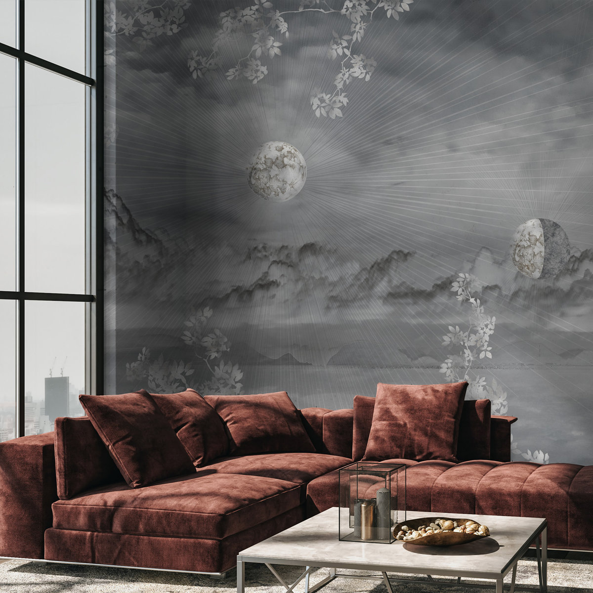 GK Wall Design Celestial Night Sky Wallpaper Mural Golden Foliage Moon ...