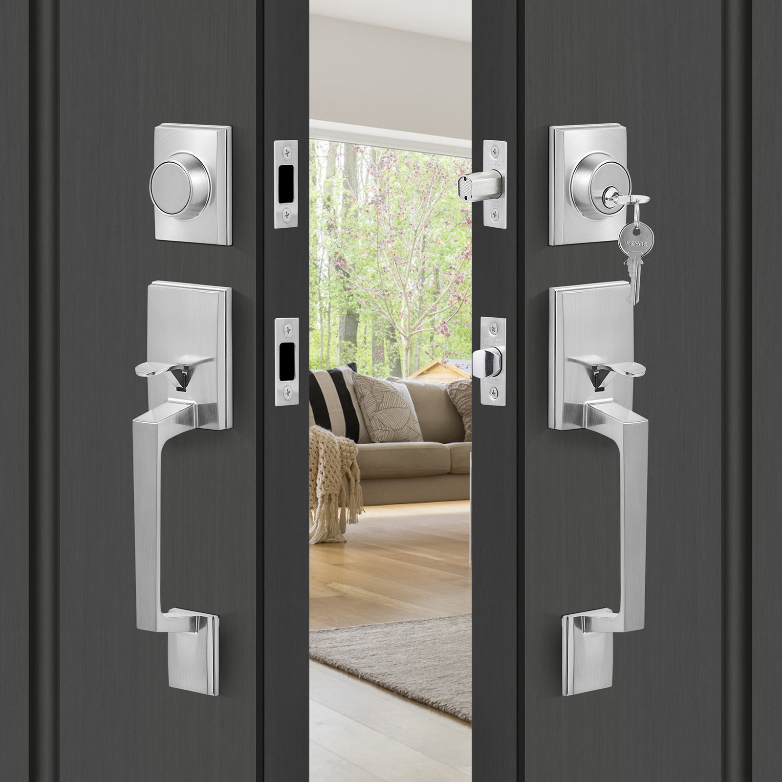 VEVOR Double Door Handle Set, Double Door Lock Set with Reversible ...