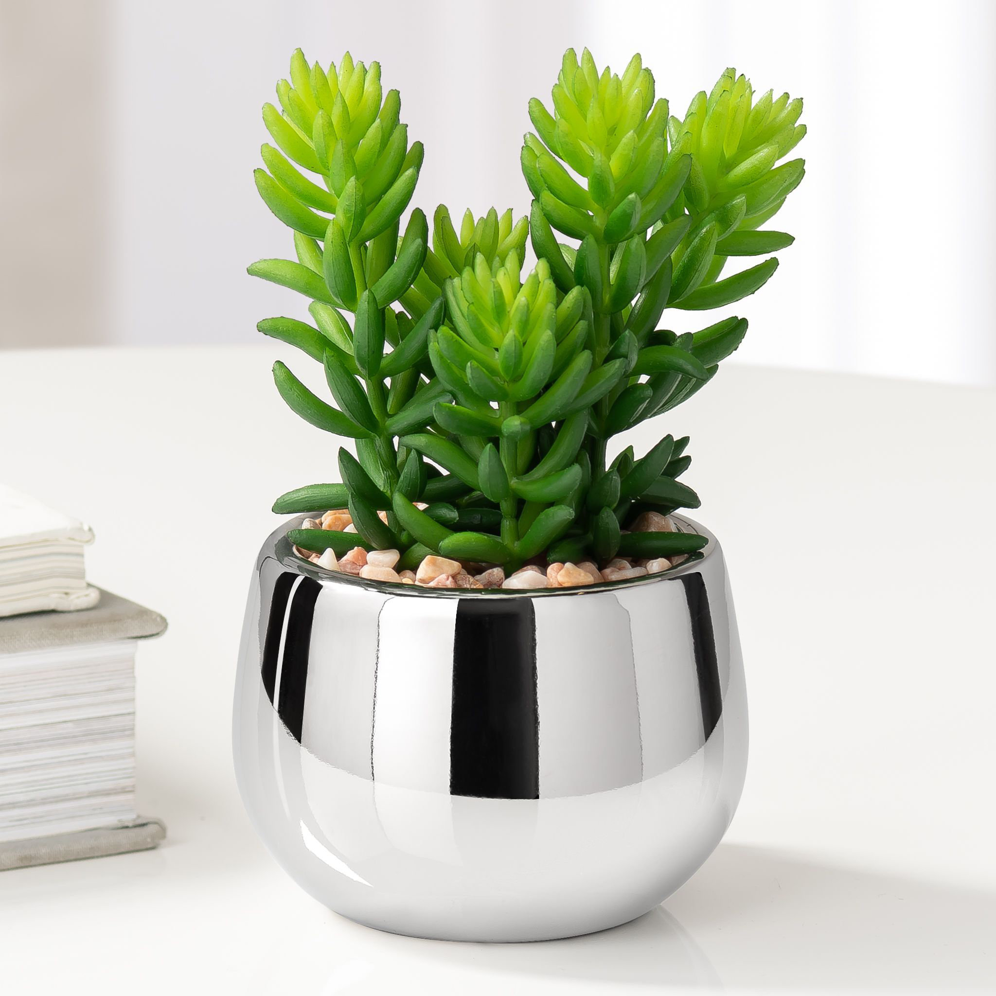 Primrue Mini Faux Echeveria Succulent in Chrome Silver Ceramic Pot ...